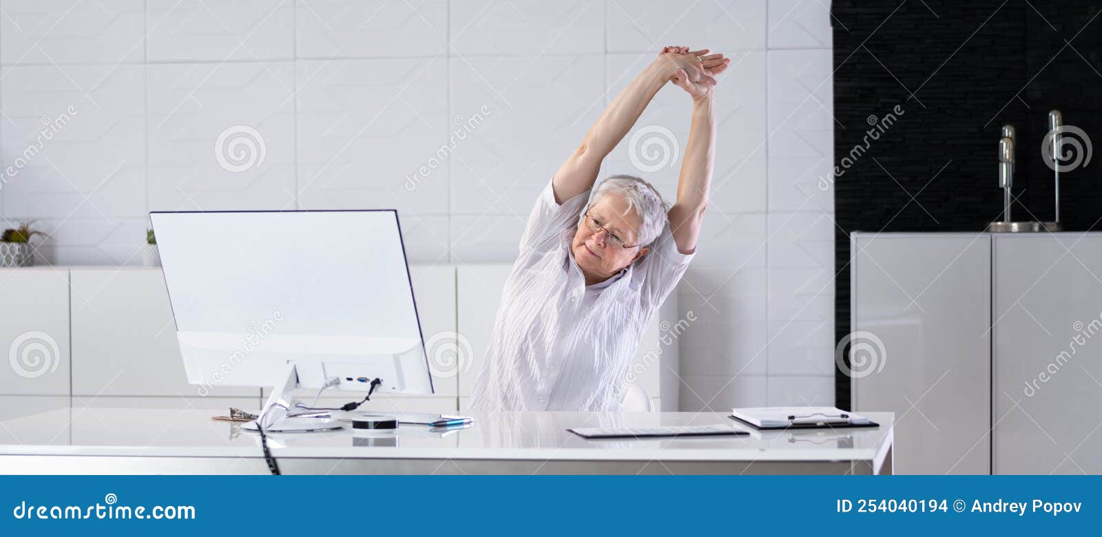 Happy Office Worker Stretching Stock Photo - Image of success ...