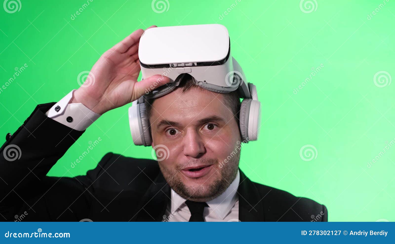 Happy Office Worker Using Virtual Reality Headset on Green Background ...