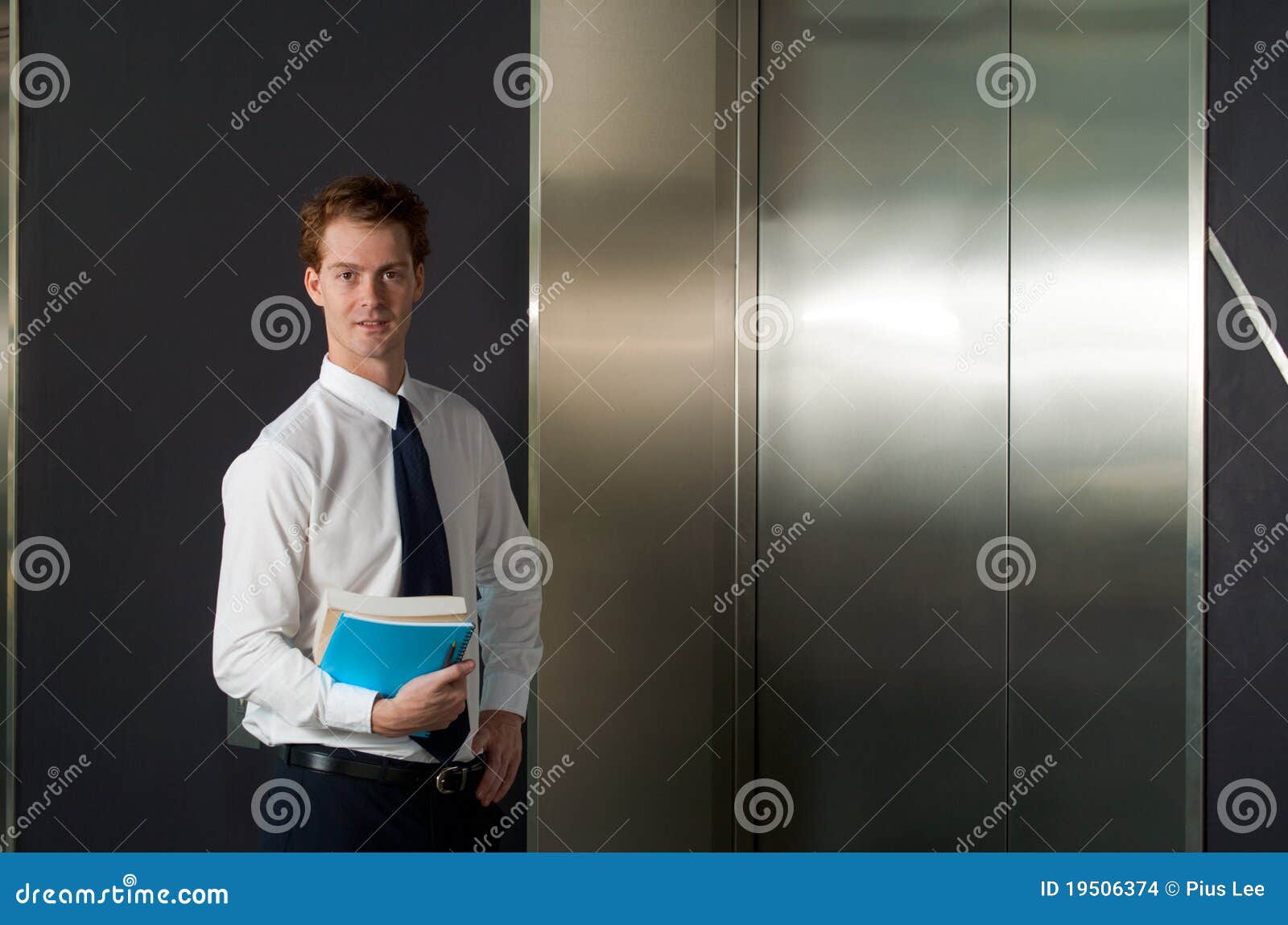 Happy Office Worker Waiting Elevator Horizontal Stock Photo - Image of ...