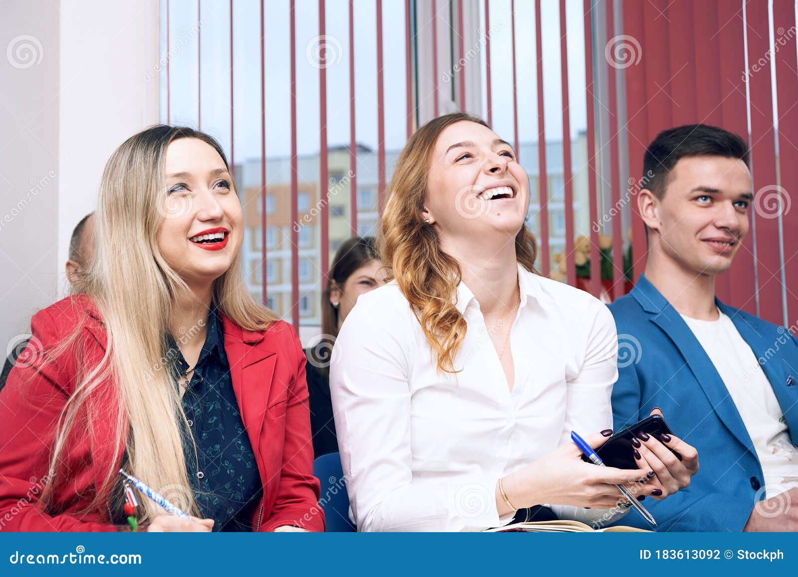 Happy Office Workers Managers Laughing at Meeting. Stock Photo - Image ...