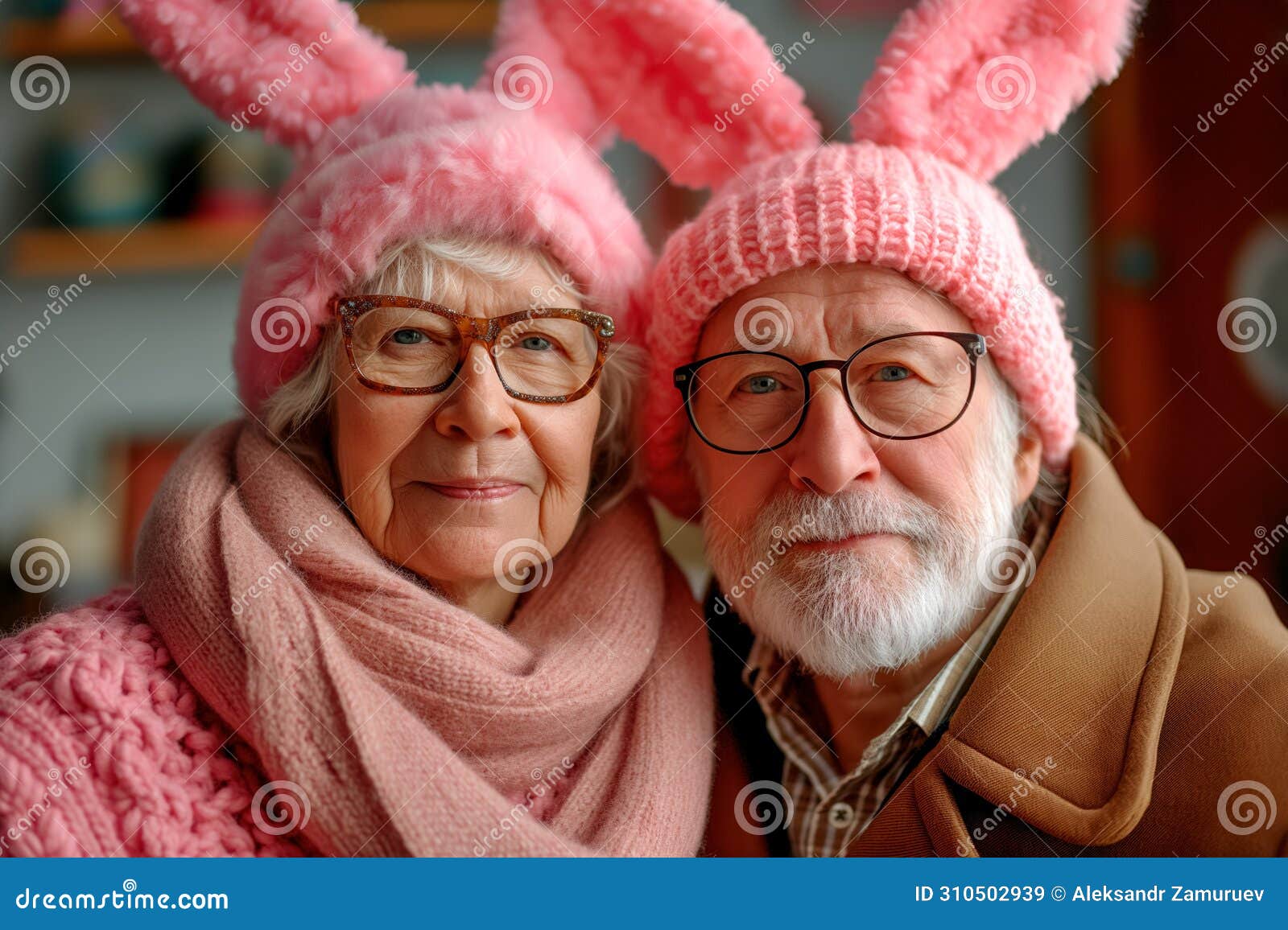 Happy Old Couple in Bunny Ears on Festive Background. Easter Concept ...