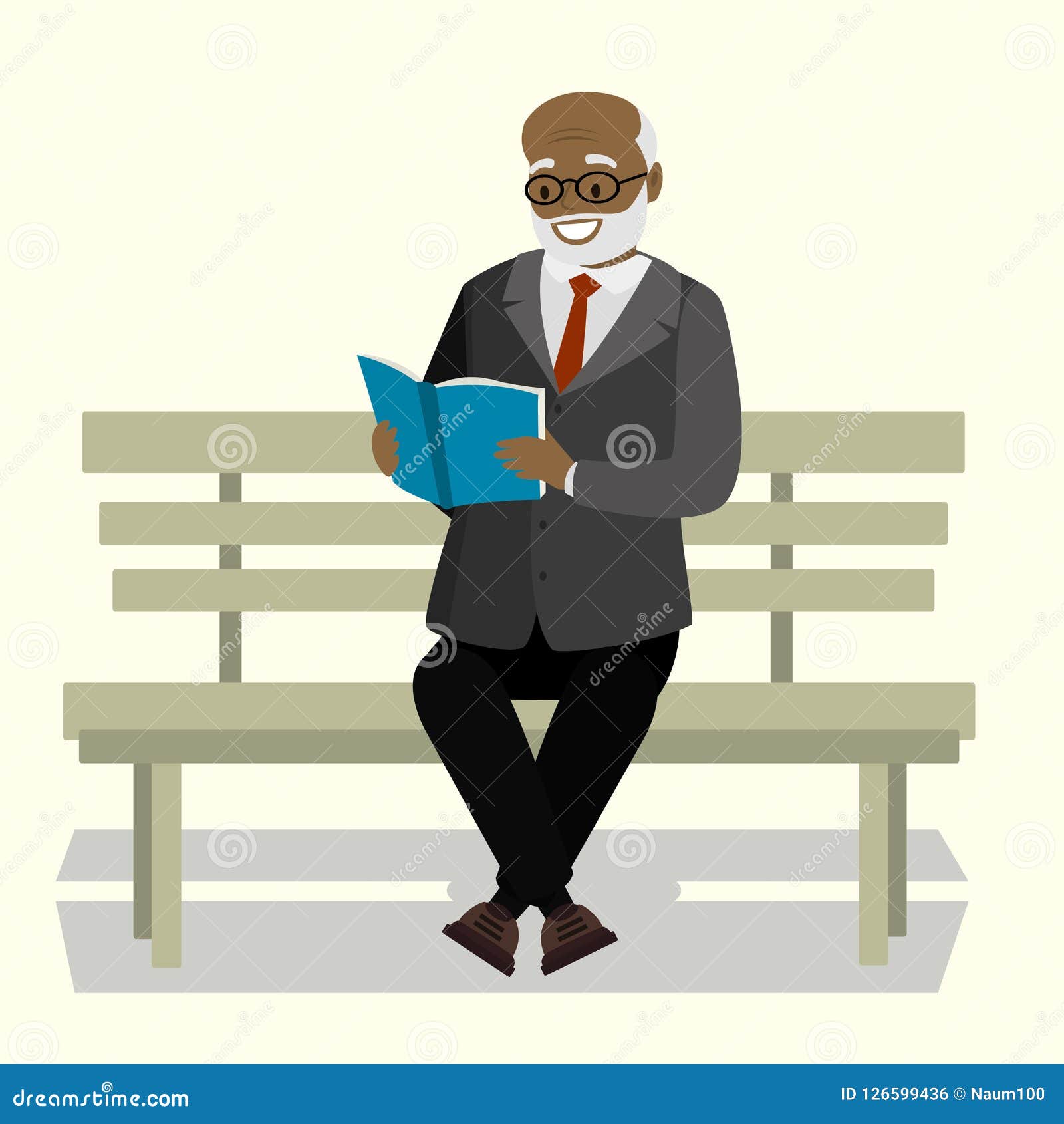 Happy Old Man Or Grandfather Sitting On Bench And Read Book Stock