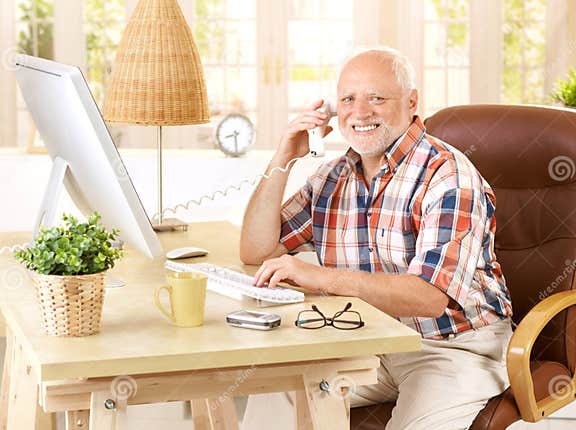 Happy Old Man on Landline Call Stock Photo - Image of indoors, cheerful ...