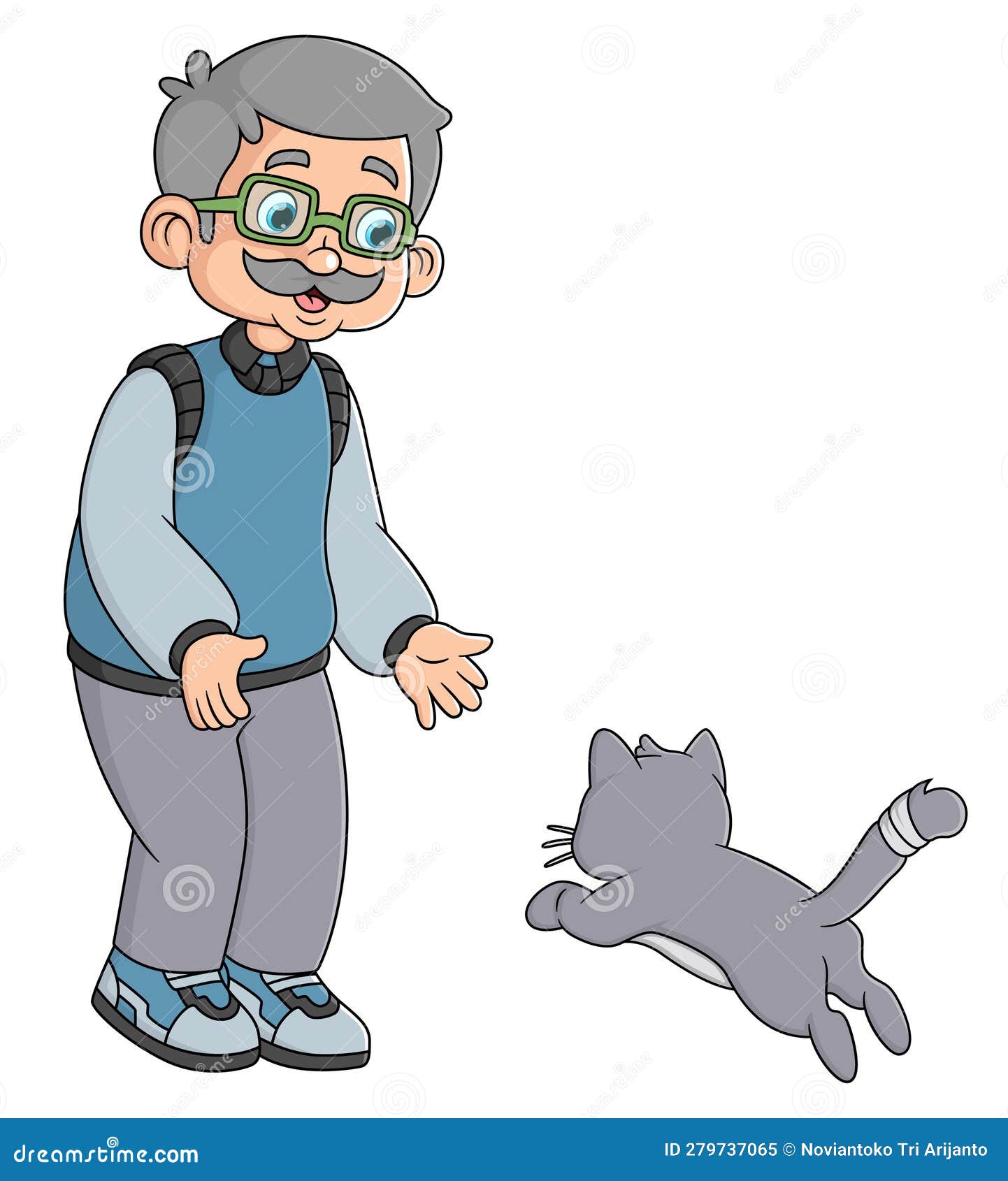 A Happy Old Man is Playing with a Cat Her Pet Stock Vector ...