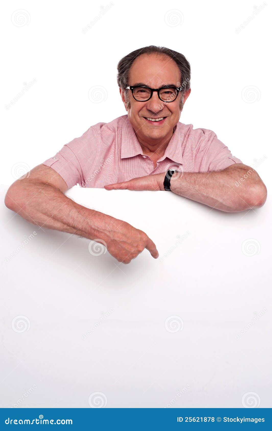 Happy Old Man Pointing at Blank Billboard Stock Photo - Image of ...