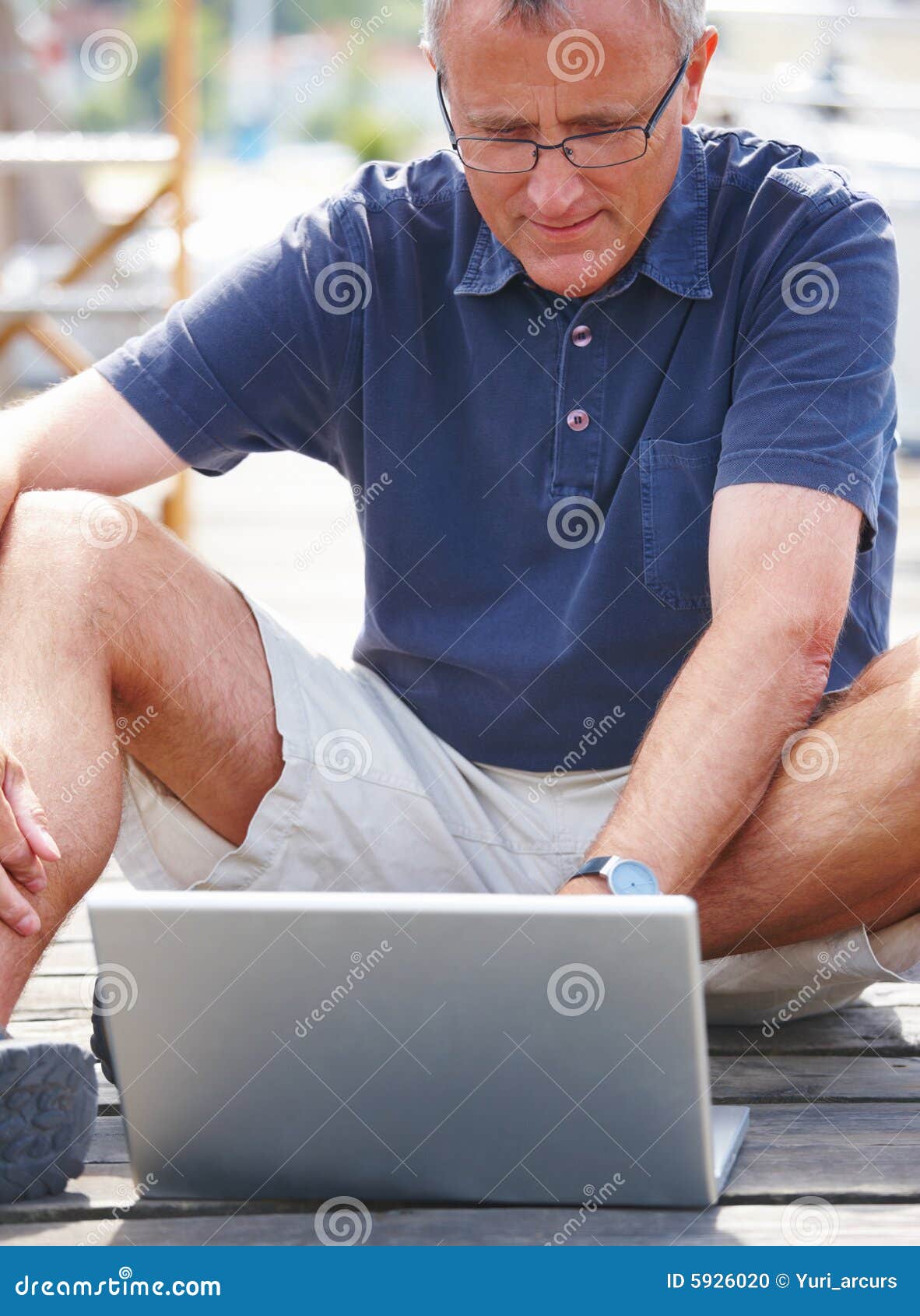 Happy Old Man Sitting on Quay Using Laptop Stock Photo - Image of ...