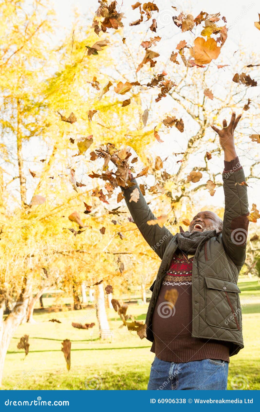 Happy Old Man Throwing Leaves Around Stock Photo - Image of retired ...