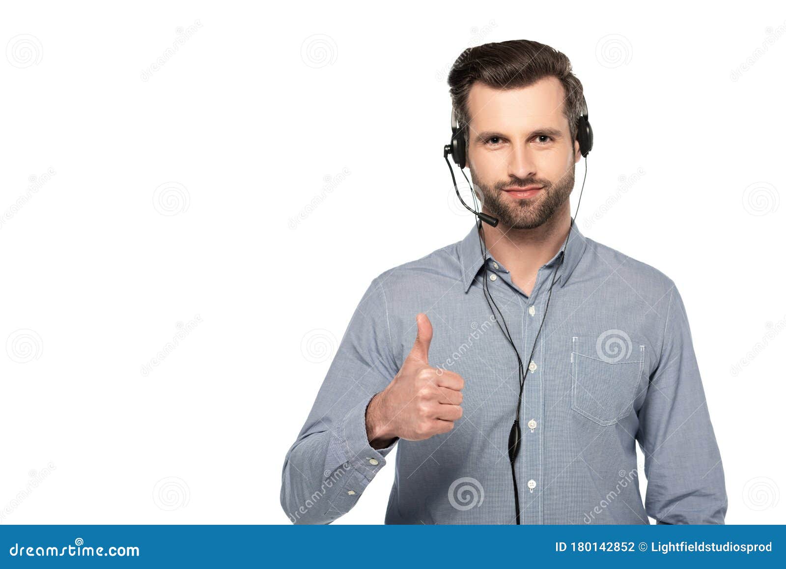 Operator in Headset Showing Thumb Up Isolated on White Stock Photo ...