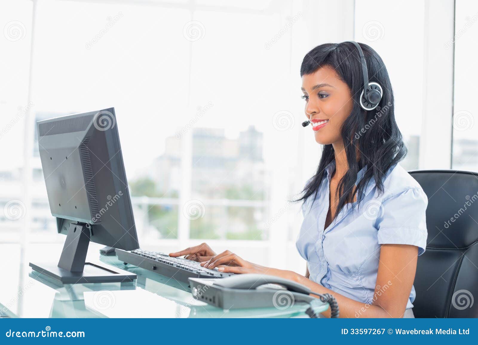 Happy Operator Typing on Her Computer Stock Image - Image of chair ...