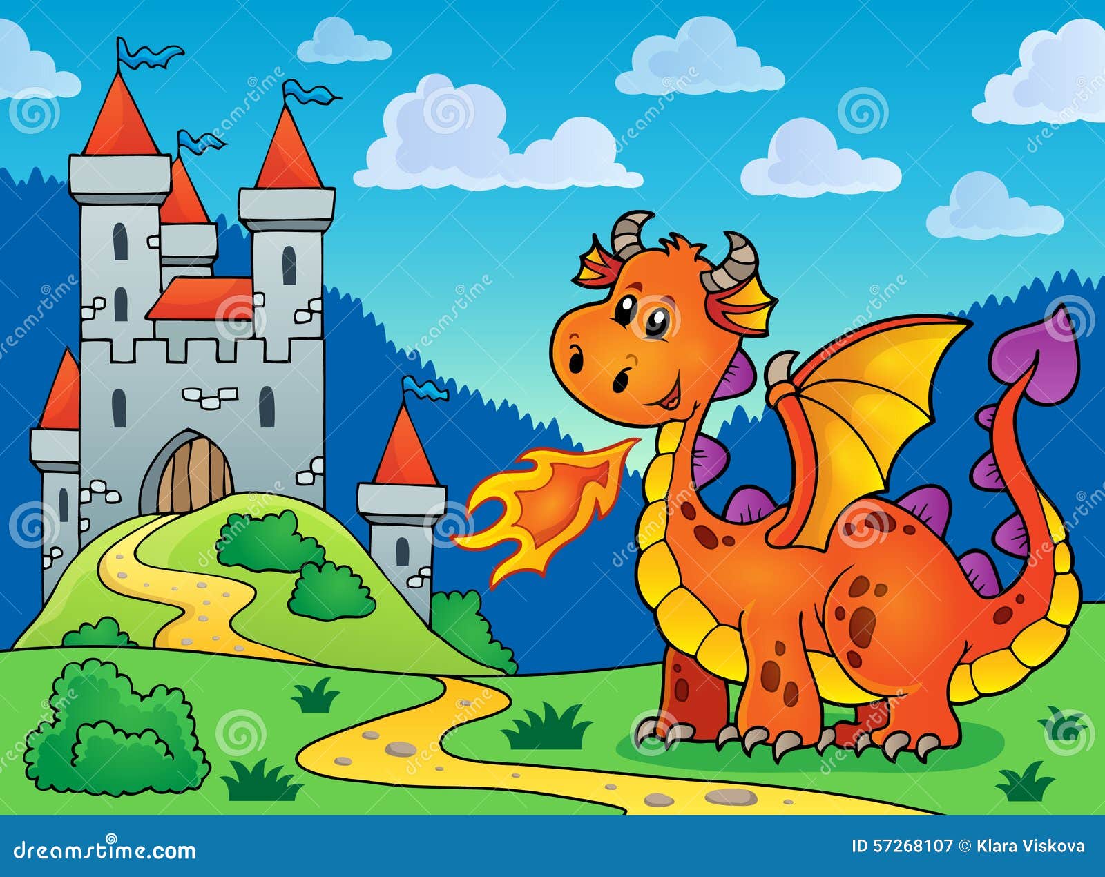 Happy Orange Dragon Near Castle Stock Vector - Illustration of fortress ...