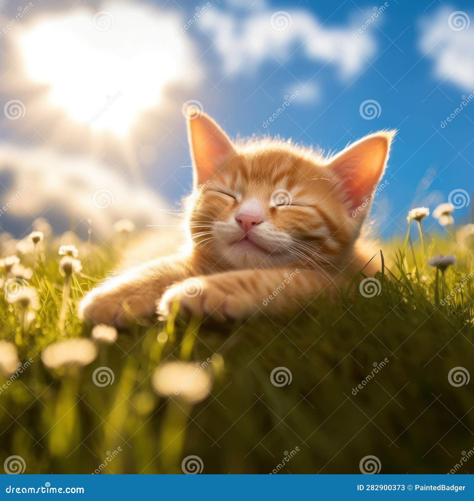 Really Happy Orange Kitten Basking In The Glorious Sunlight In A Meadow ...