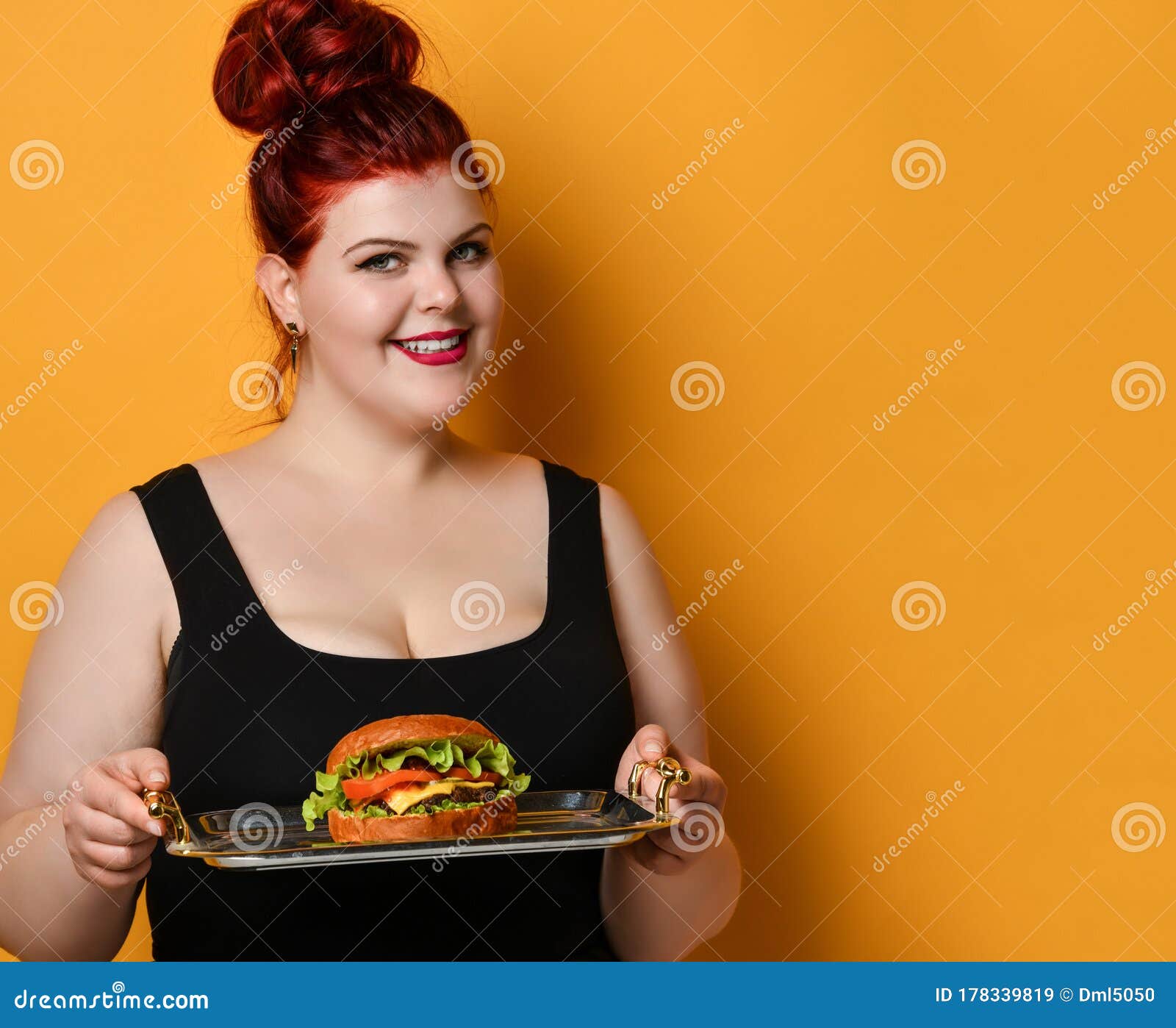 Happy Overweight Fat Woman Happy Hold Burger Cheeseburger Sandwich With