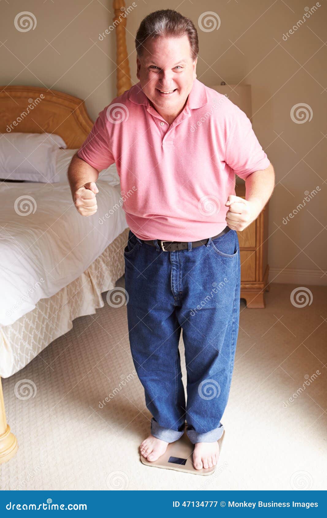 Happy Overweight Man Standing on Scales in Bedroom Stock Image - Image ...