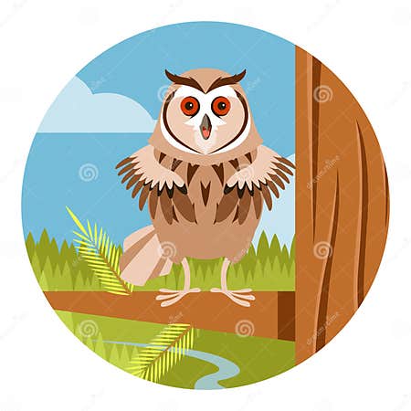 Happy Owl on the Tree Flat Background Stock Vector - Illustration of ...