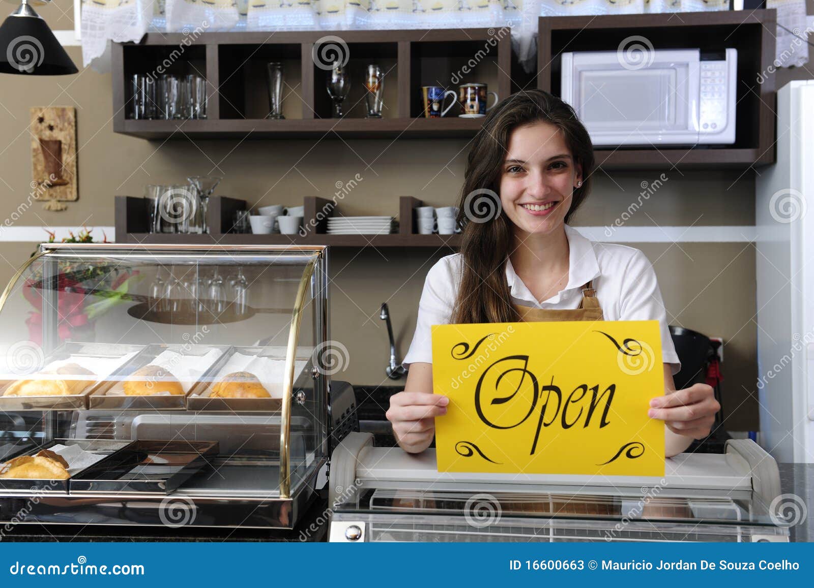 Happy Owner of a Cafe Showing Open Sign Stock Image - Image of proud ...