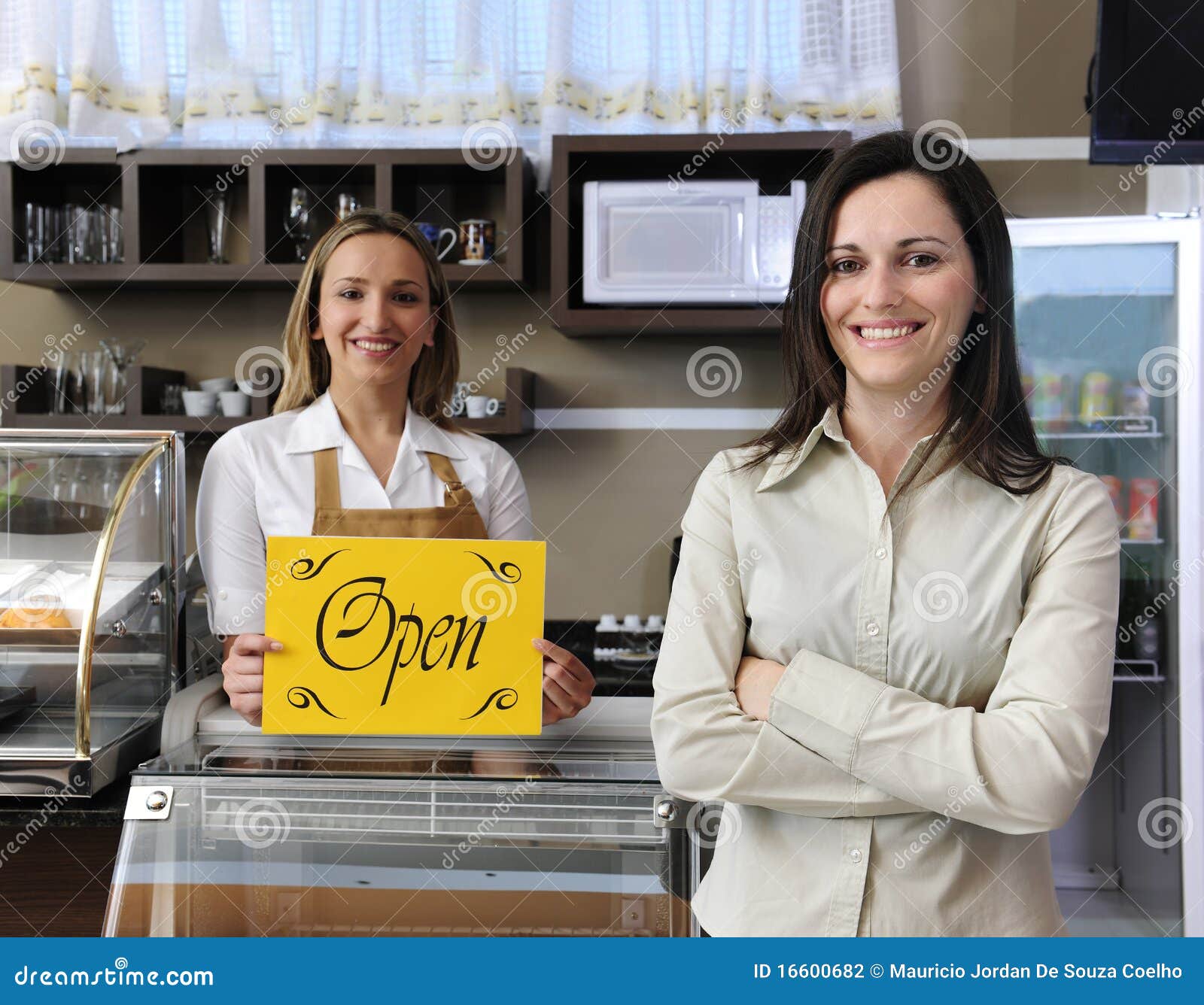 Happy Owner of a Cafe Showing Open Sign Stock Photo - Image of ...