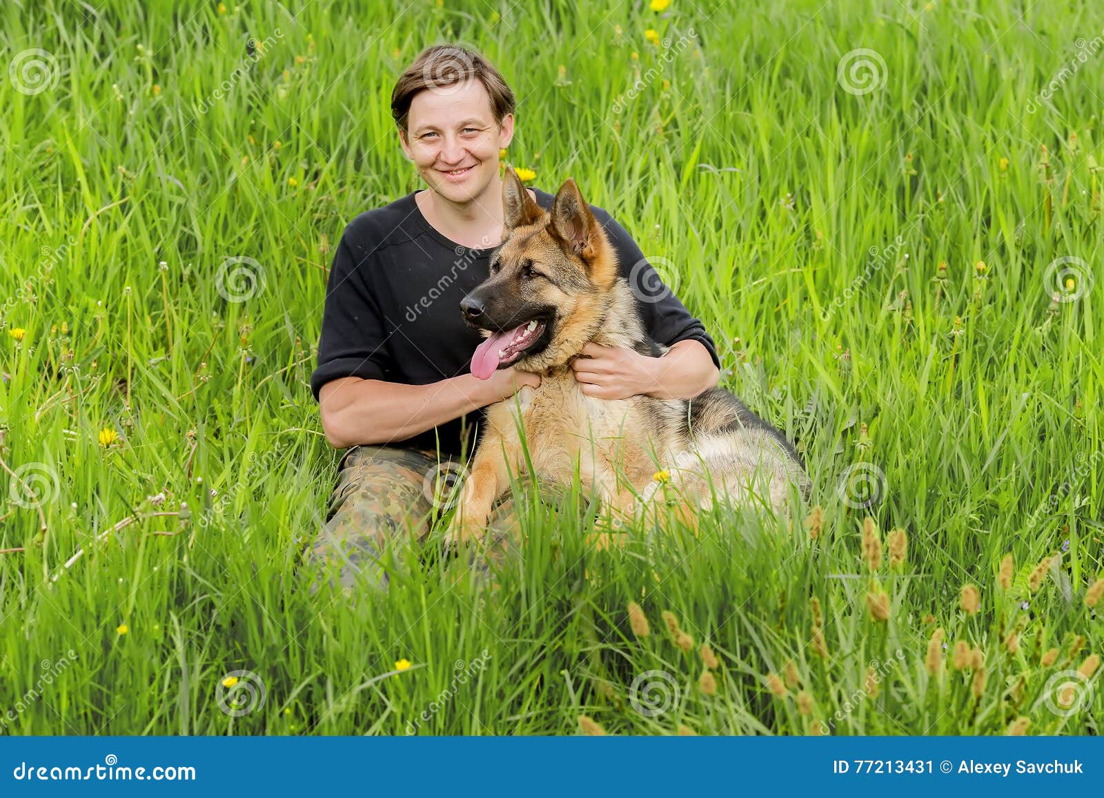 Happy Owner Hugs His Dog. German Shepherd Training Stock Image - Image ...