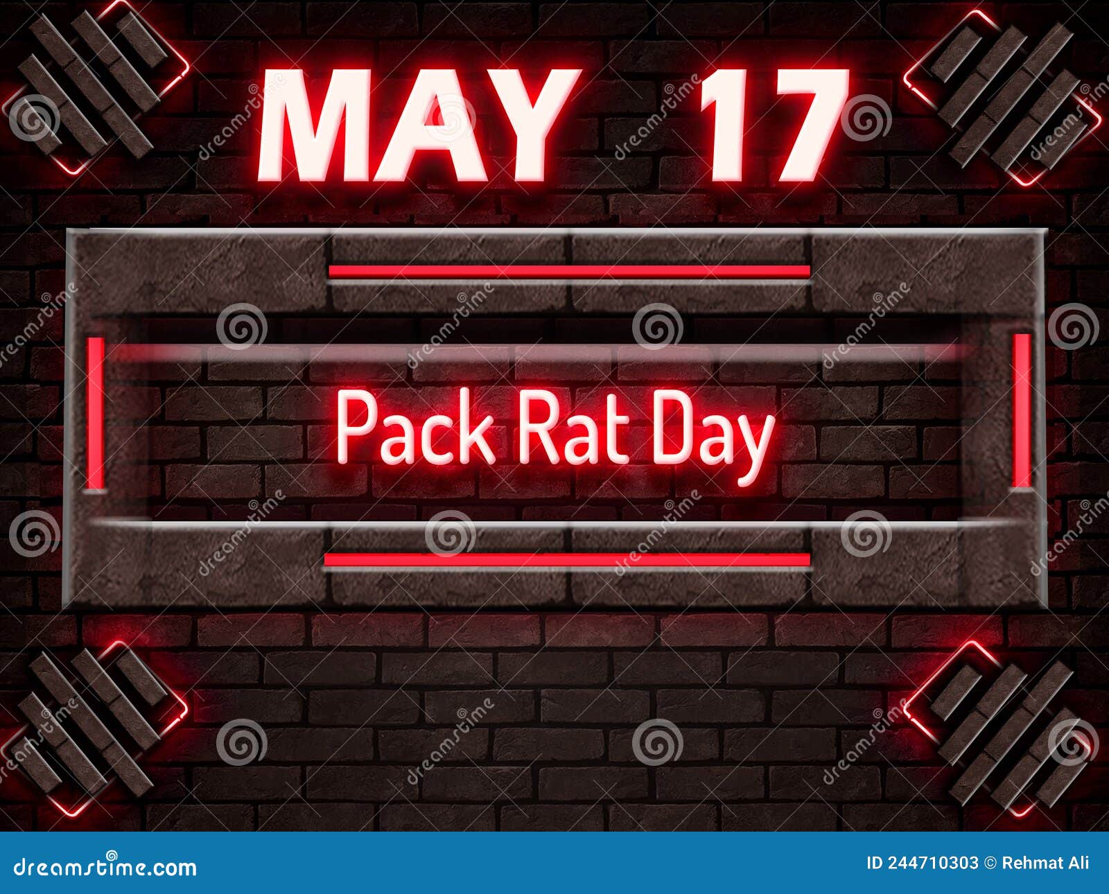 17 May, Pack Rat Day, Neon Text Effect on Bricks Background Stock ...