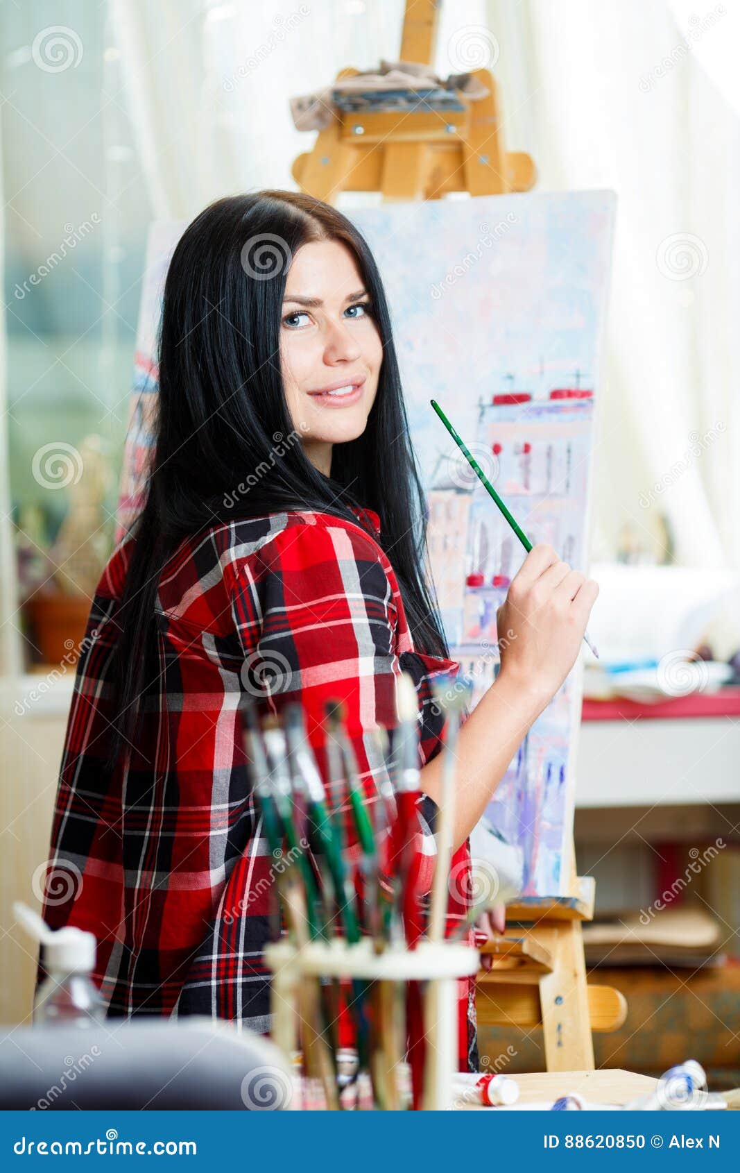Happy Painter Drawing on Canvas Stock Photo - Image of brunette, paint ...