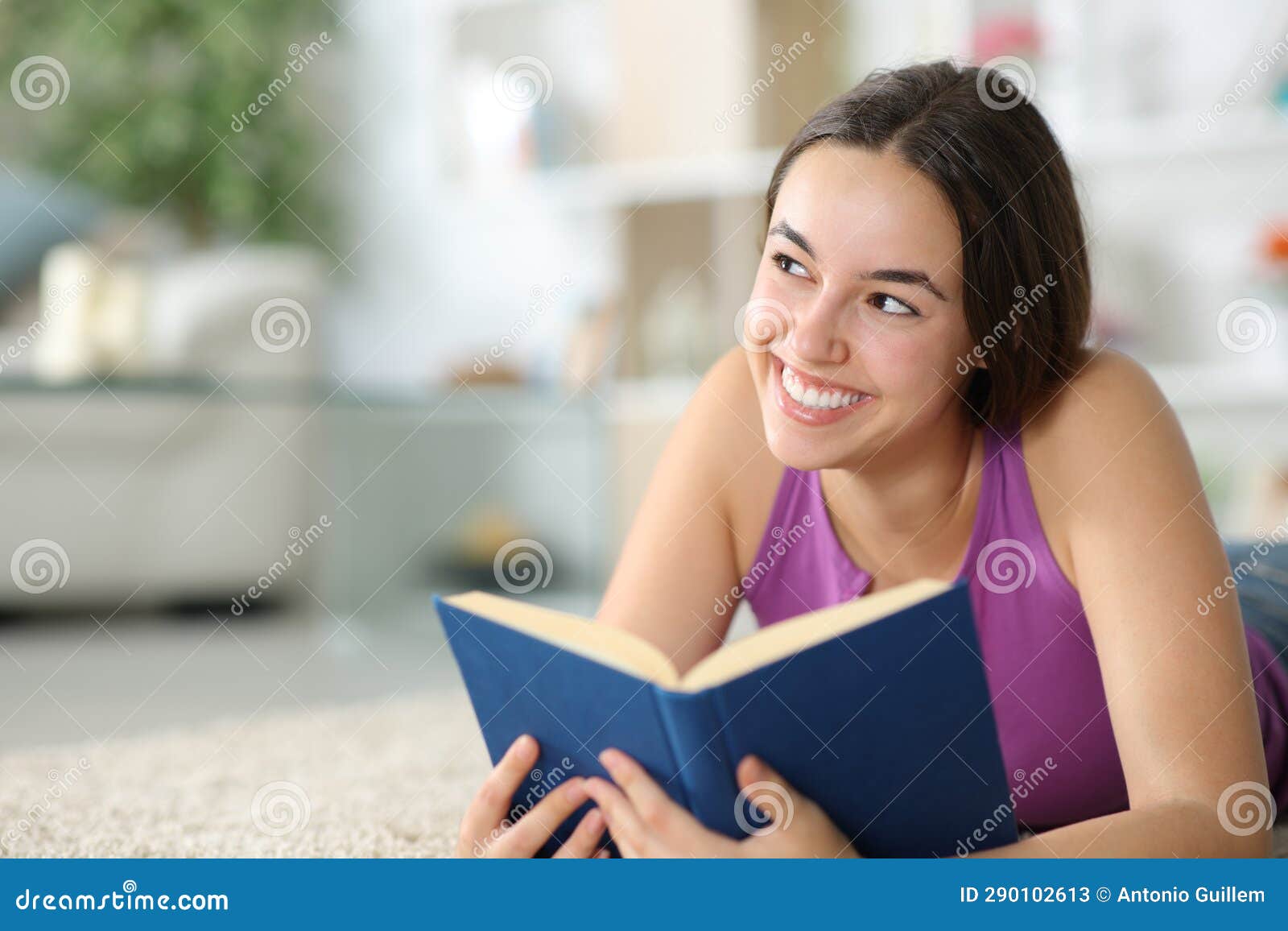 Happy Paper Book Reader Thinking Looking at Side Stock Image - Image of ...