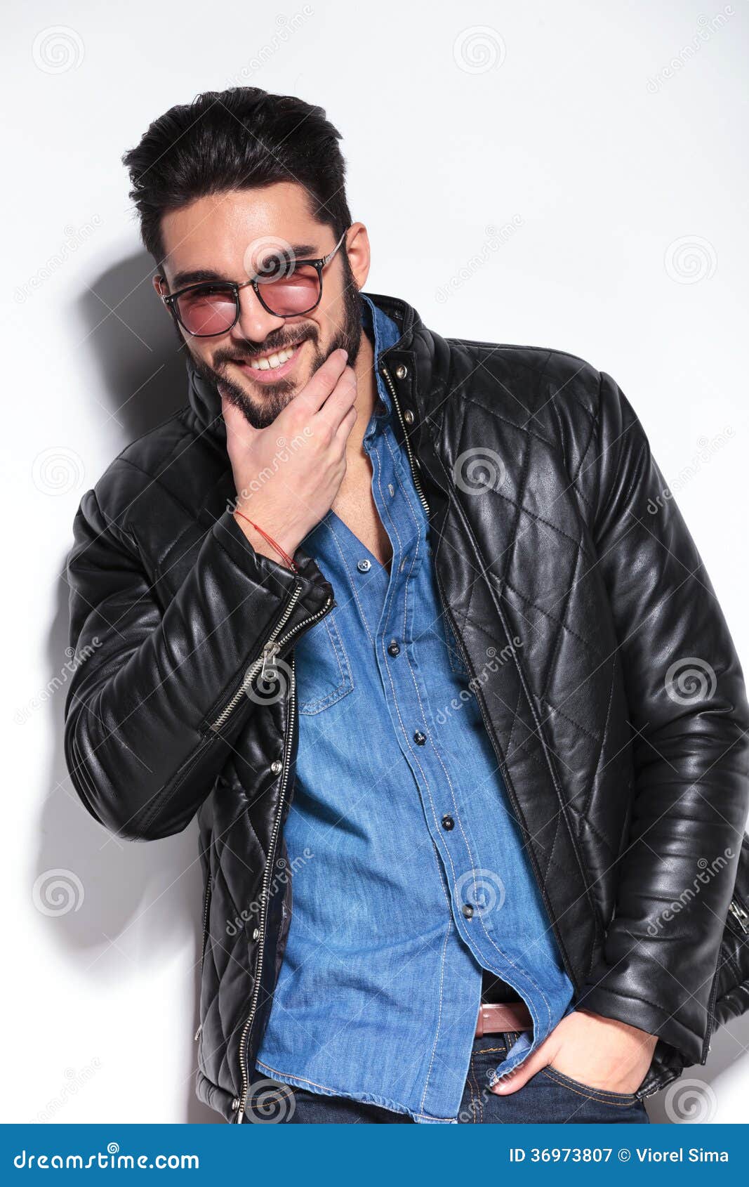 Happy Pensive Casual Man in Leather Jacket Smiling Stock Image - Image ...