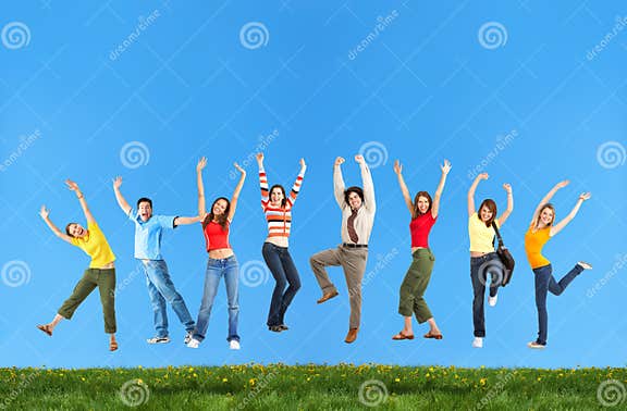 Happy people stock image. Image of outdoor, jumping, field - 7649095
