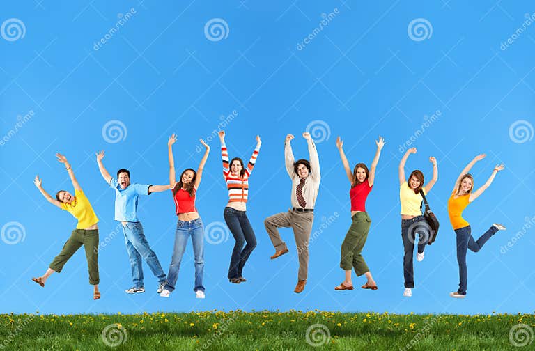Happy people stock image. Image of outdoor, jumping, field - 7649095