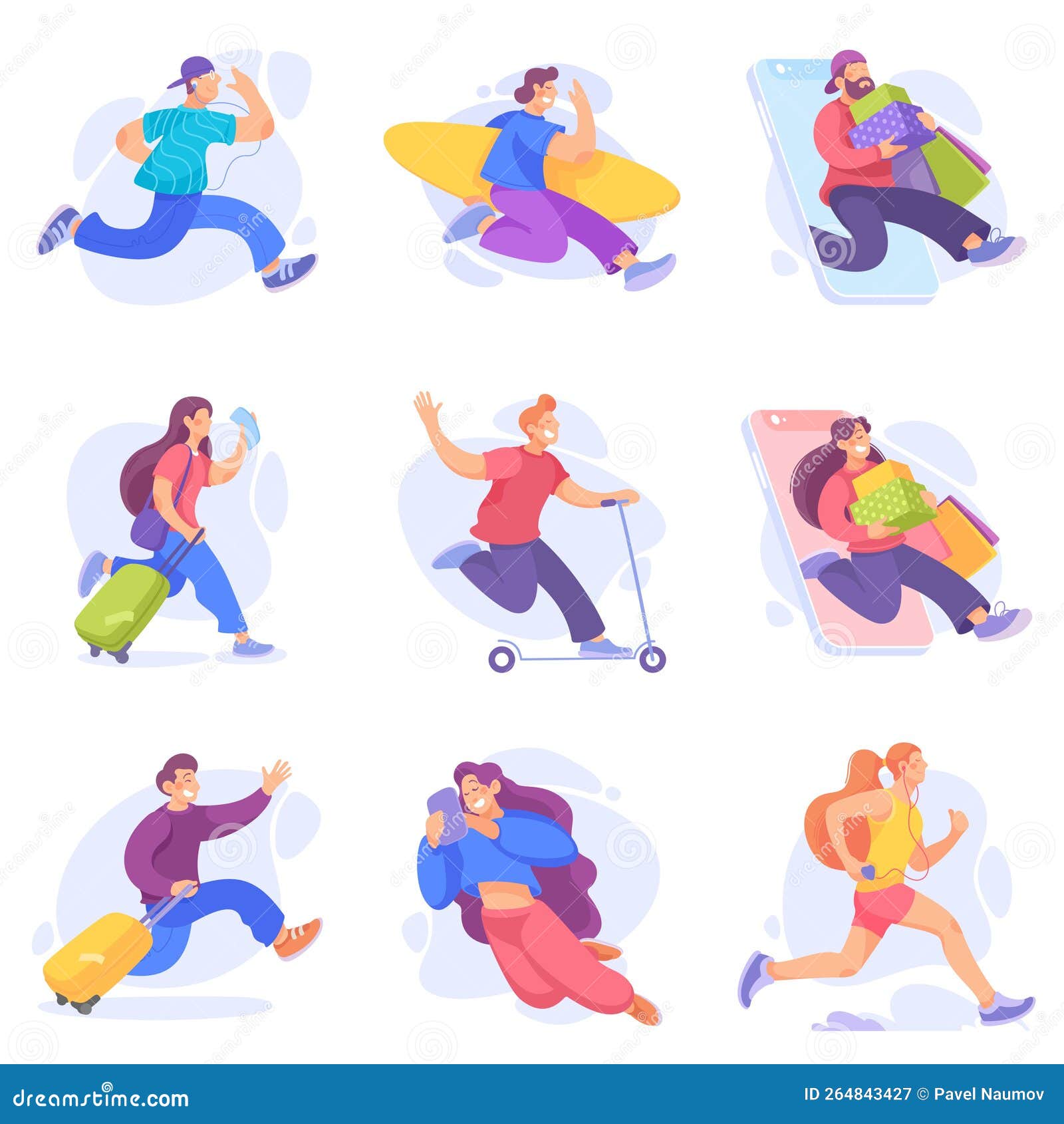 Happy People Characters Engaged in Active Motion Vector Illustration ...