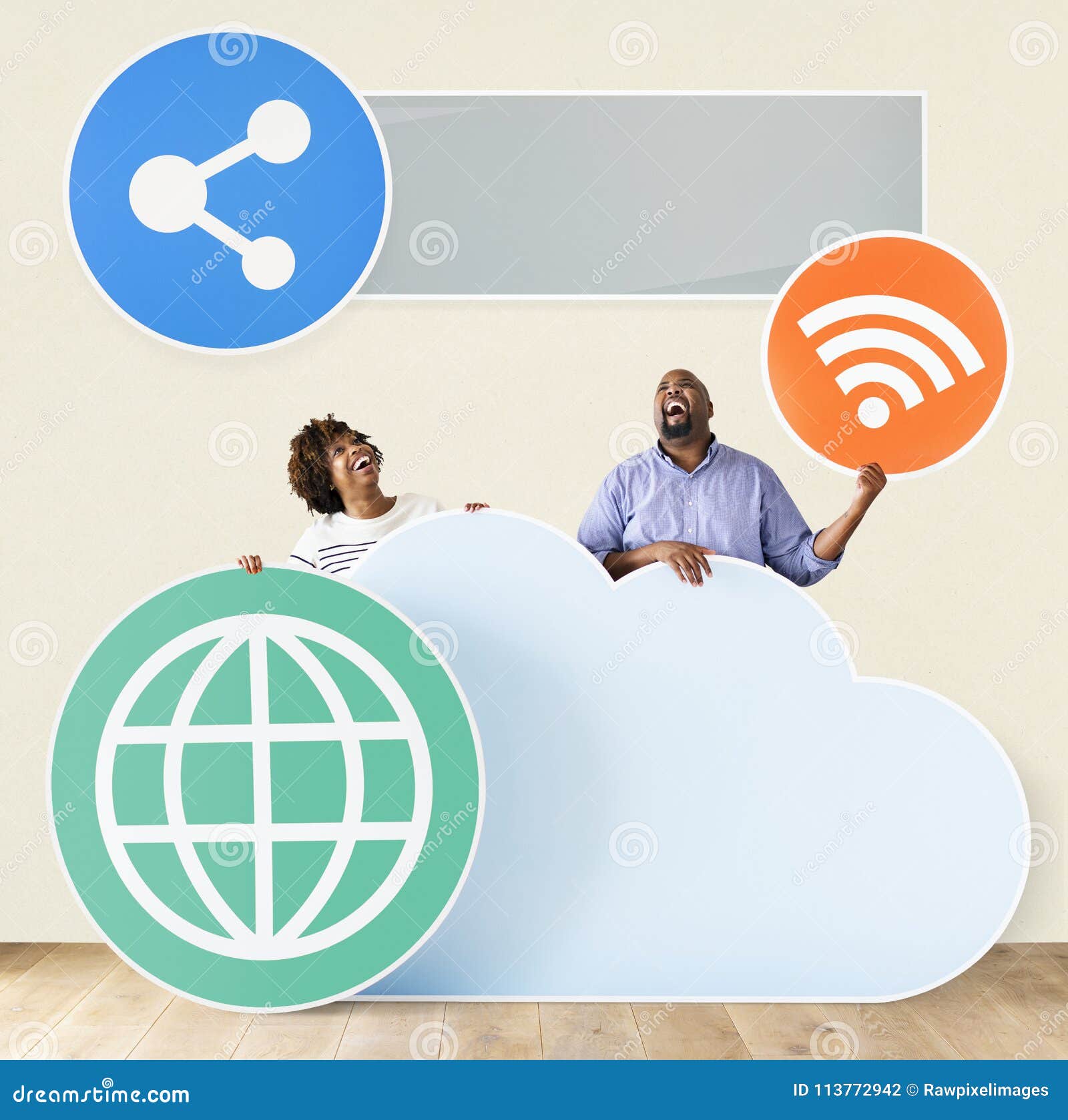 Happy People with Cloud and Technology Icons Stock Photo - Image of ...