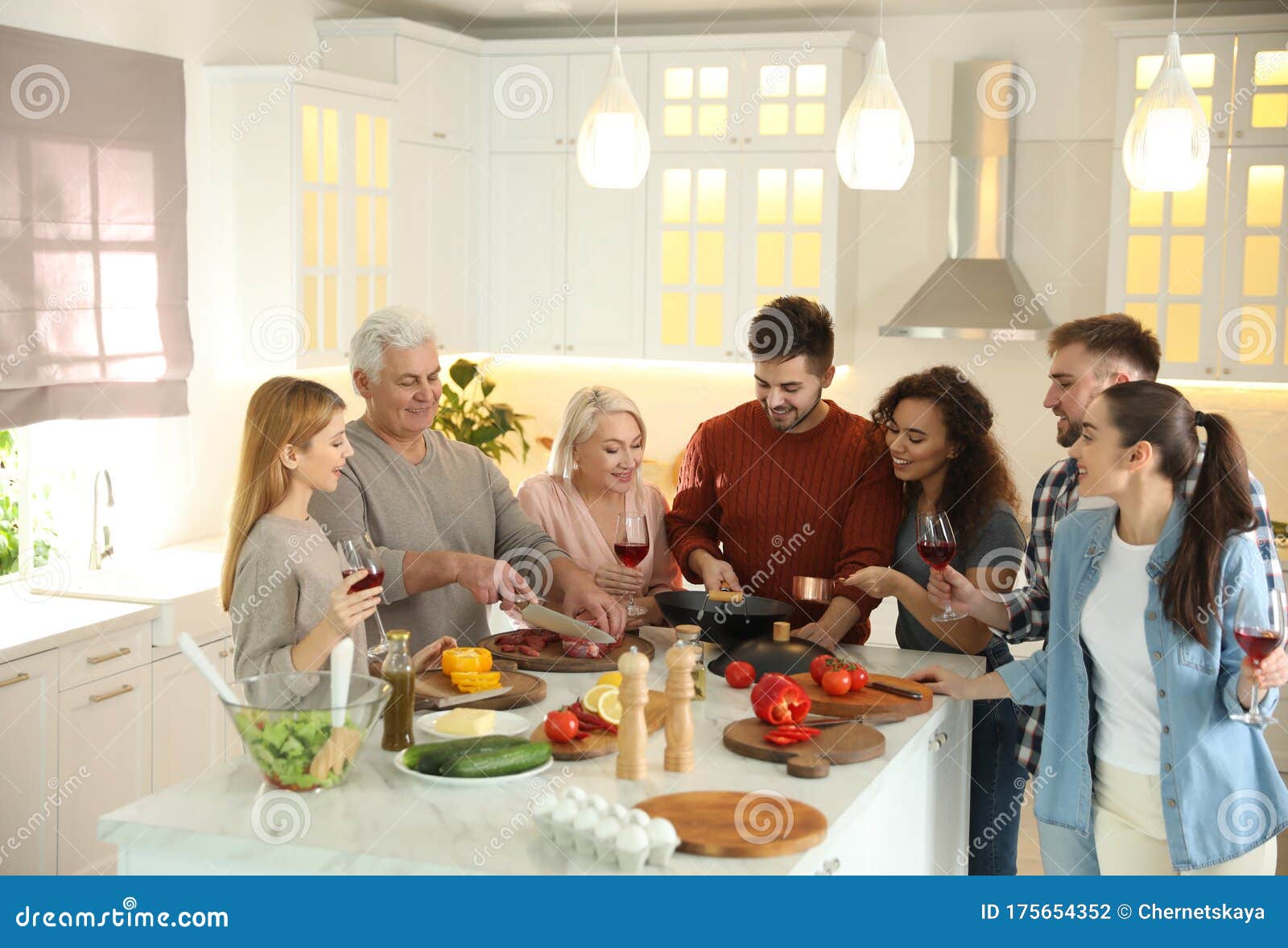 Happy People Cooking Food in Kitchen Stock Photo - Image of american ...