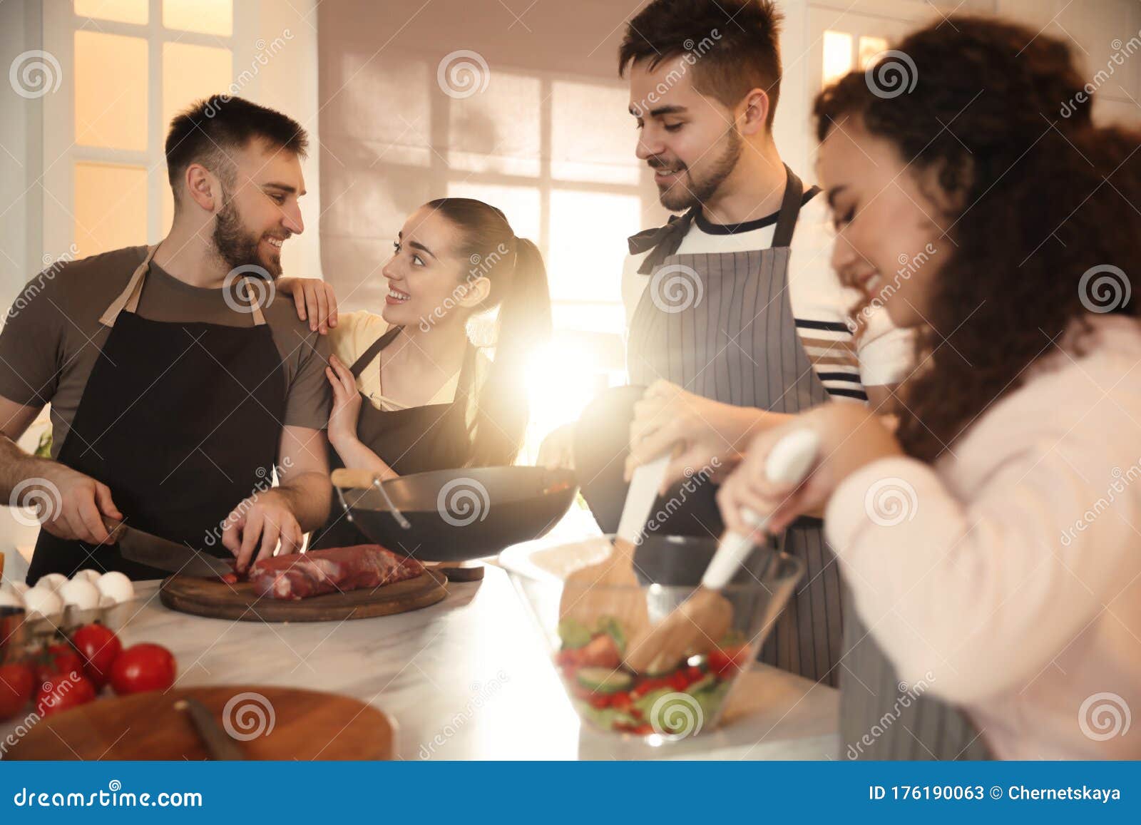 Happy People Cooking Food in Kitchen Stock Image - Image of indoors ...