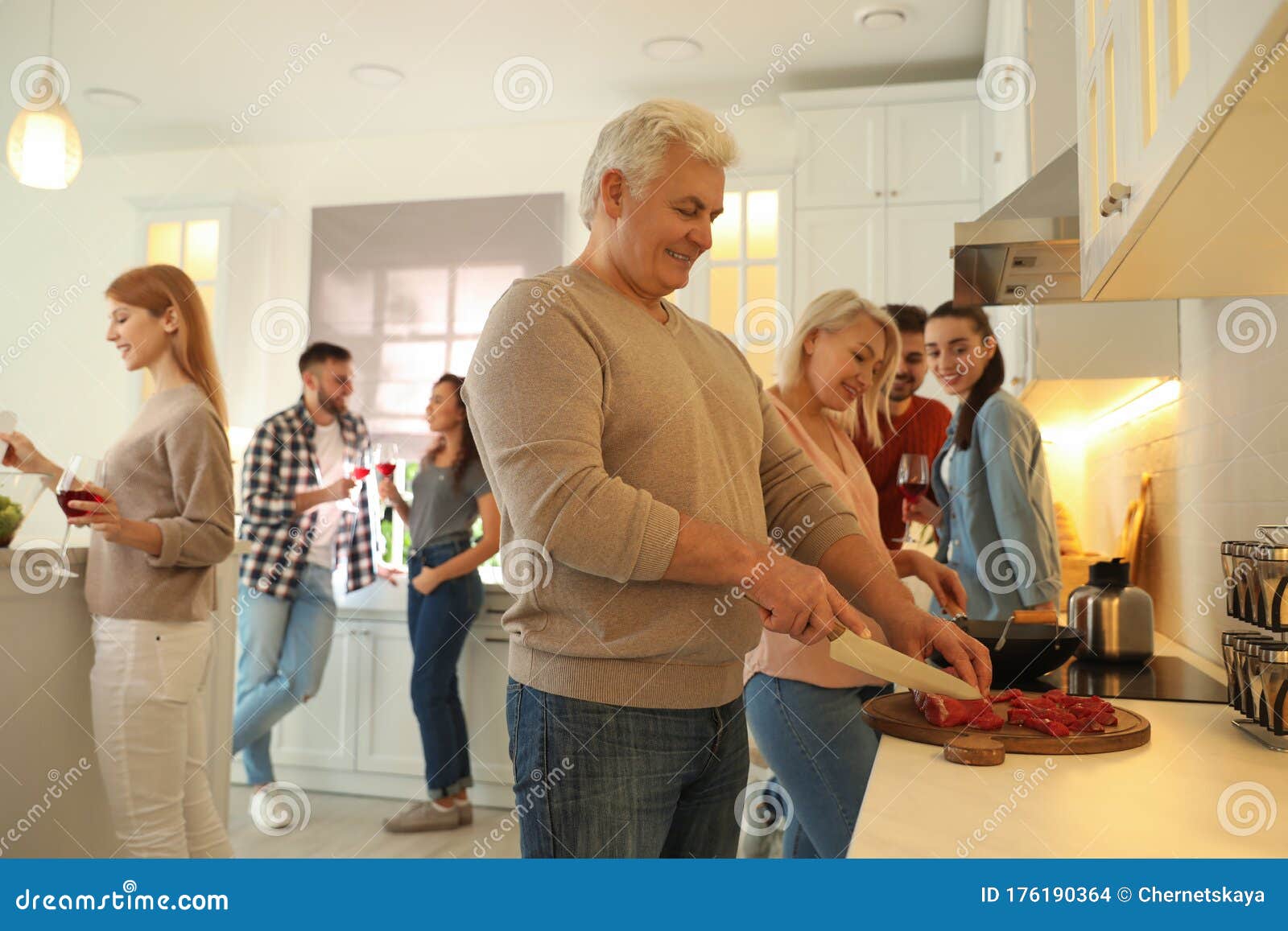 Happy People Cooking Food in Kitchen Stock Photo - Image of dinner ...