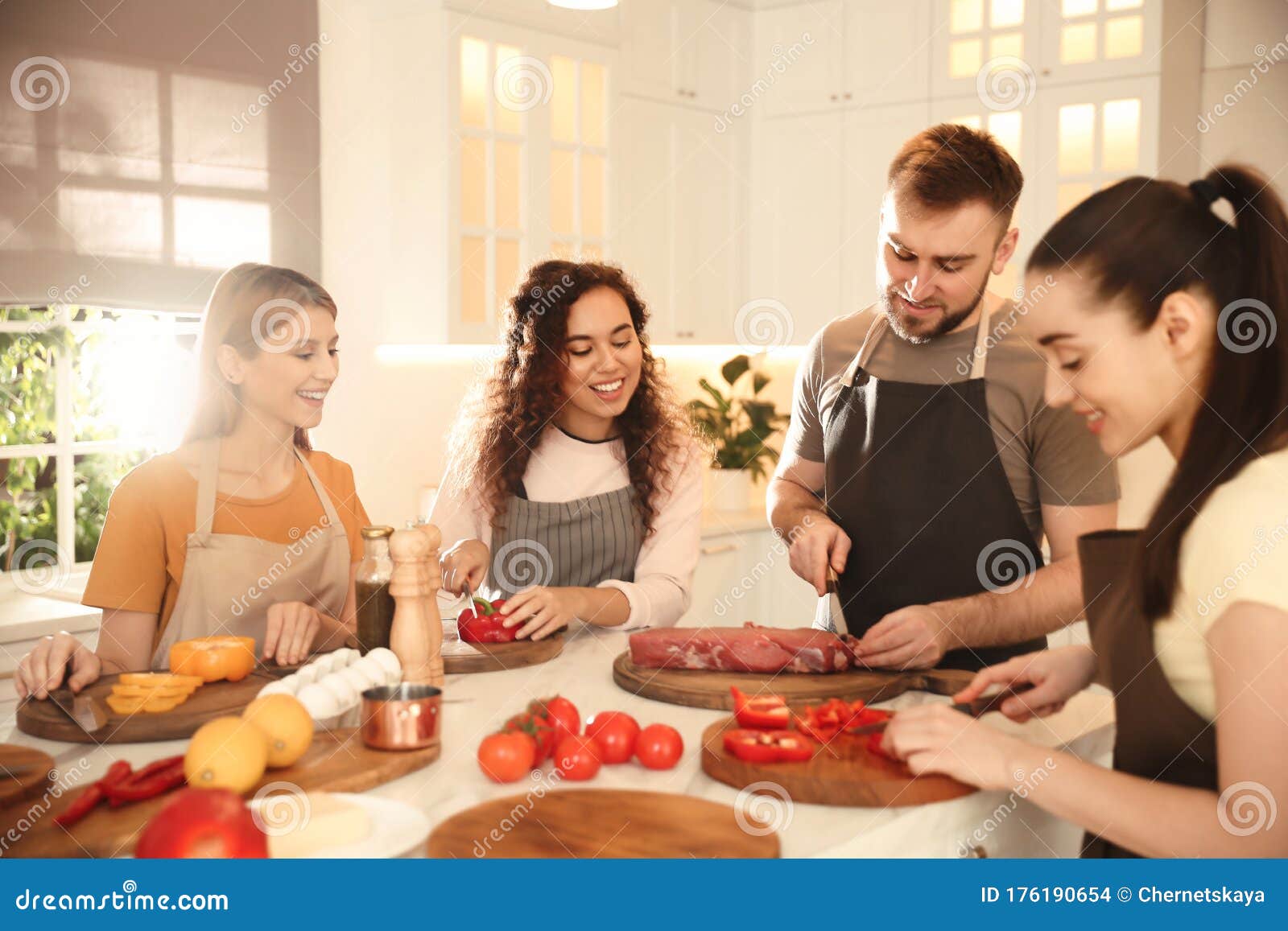 Happy People Cooking Food in Kitchen Stock Photo - Image of family ...