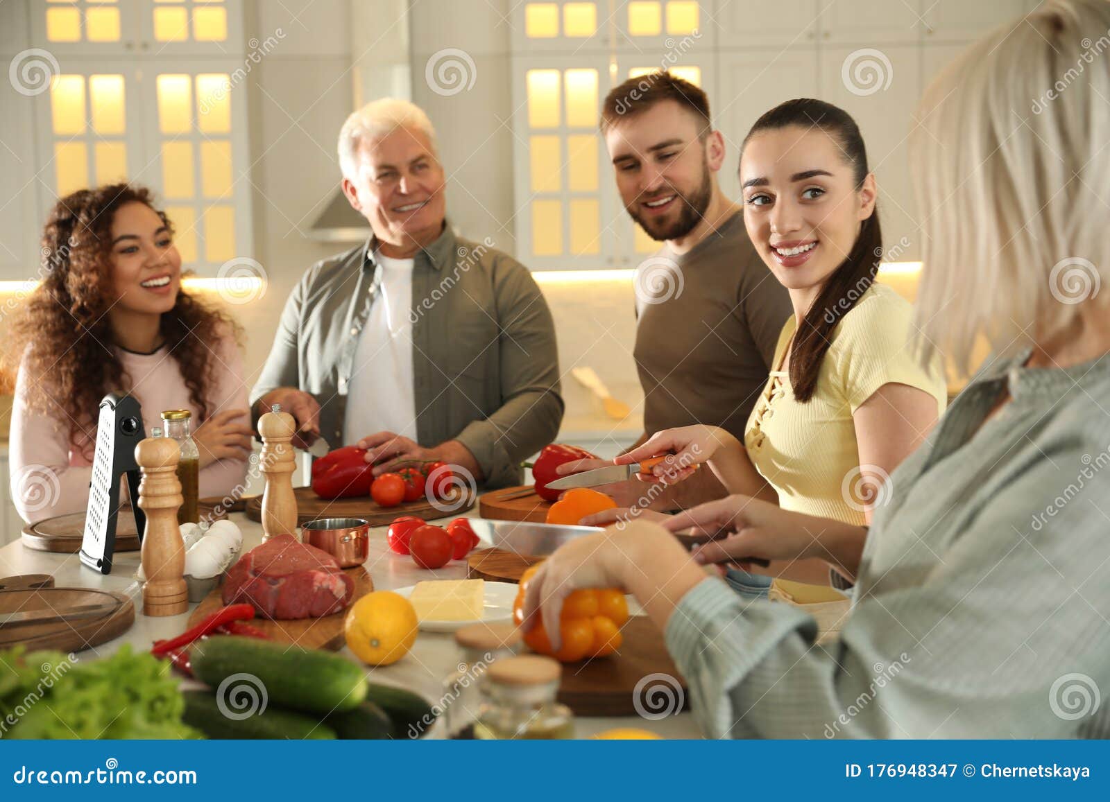 Happy People Cooking Food in Kitchen Stock Image - Image of indoors ...