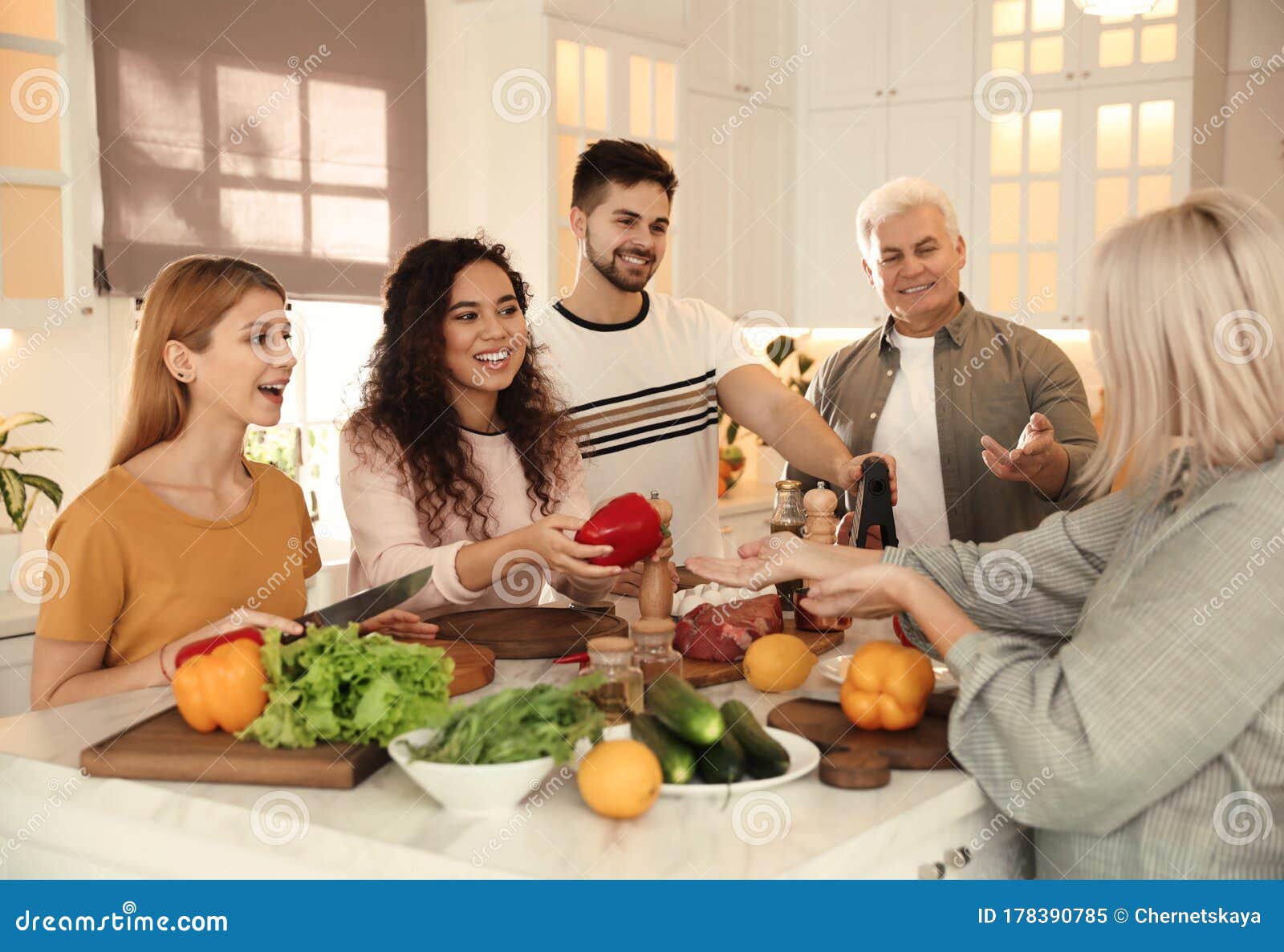 Happy People Cooking Food in Kitchen Stock Image - Image of happy, good ...