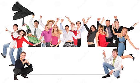 Happy People Crowd with Board for Text Stock Photo - Image of person ...