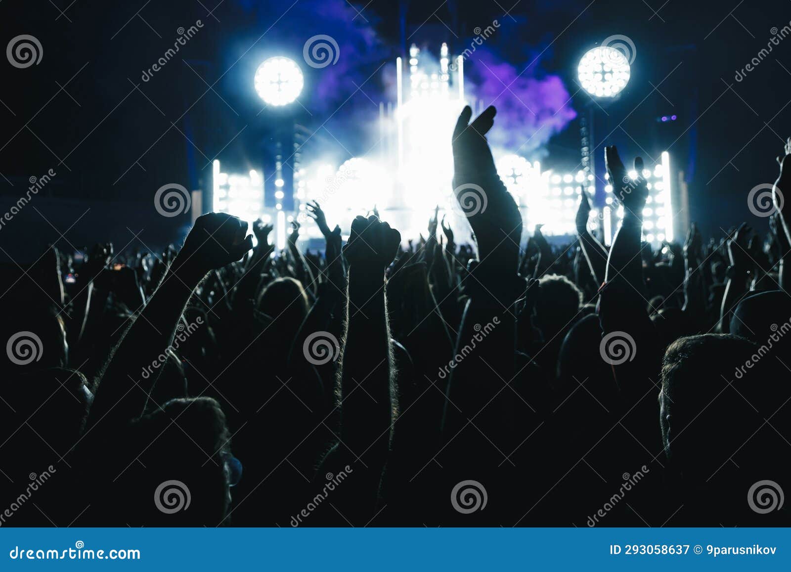 Happy People Crowd with Raised Hands on a Dance Floor during a Concert ...