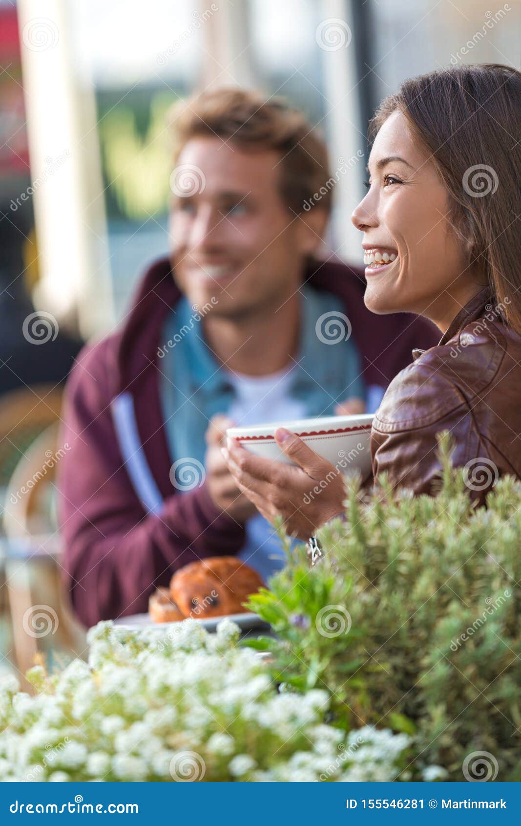 Happy People Eating Brunch At Cafe Young Couple Hipsters Drinking