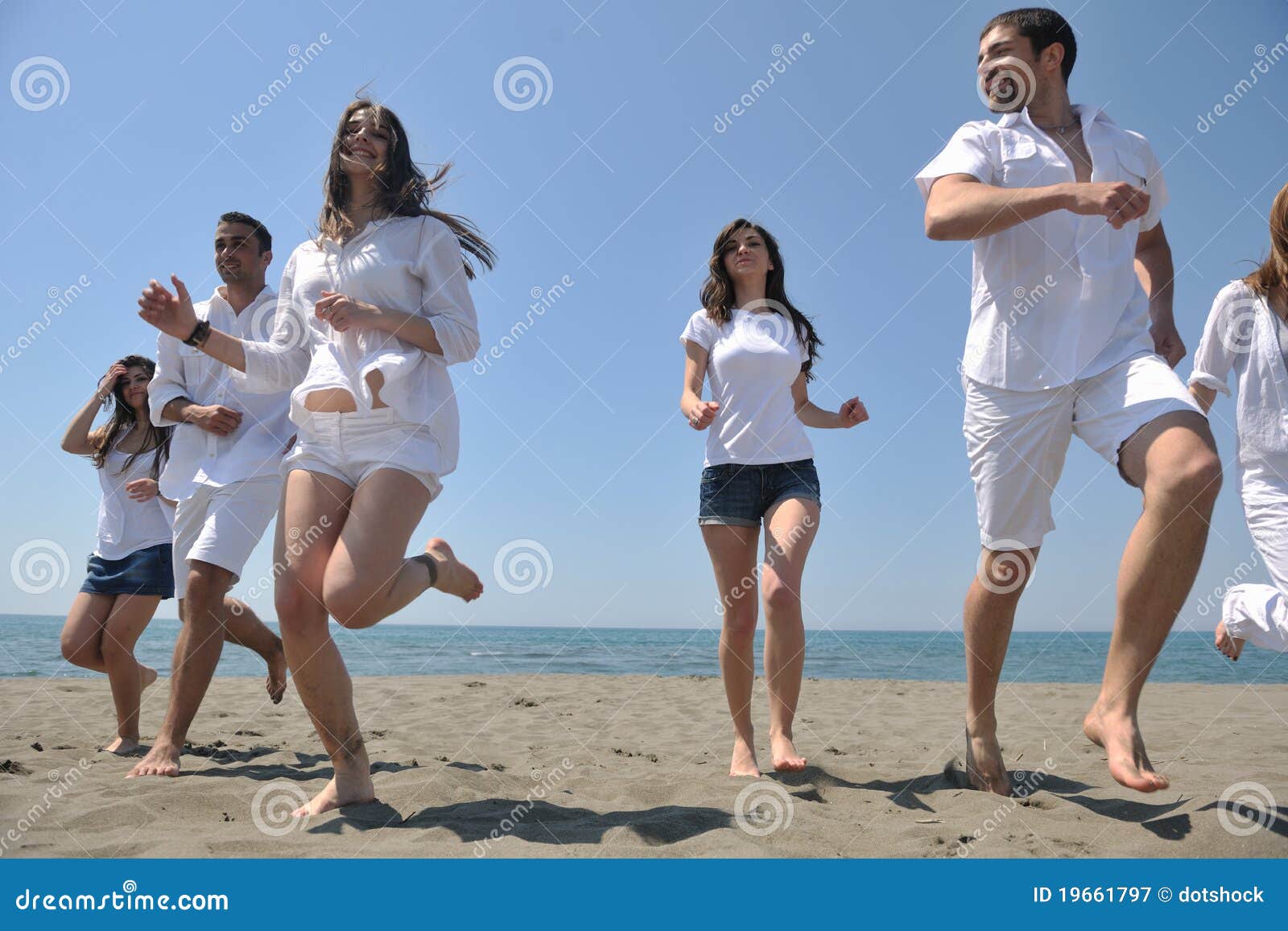 Happy People Group Have Fun and Running on Beach Stock Image - Image of ...