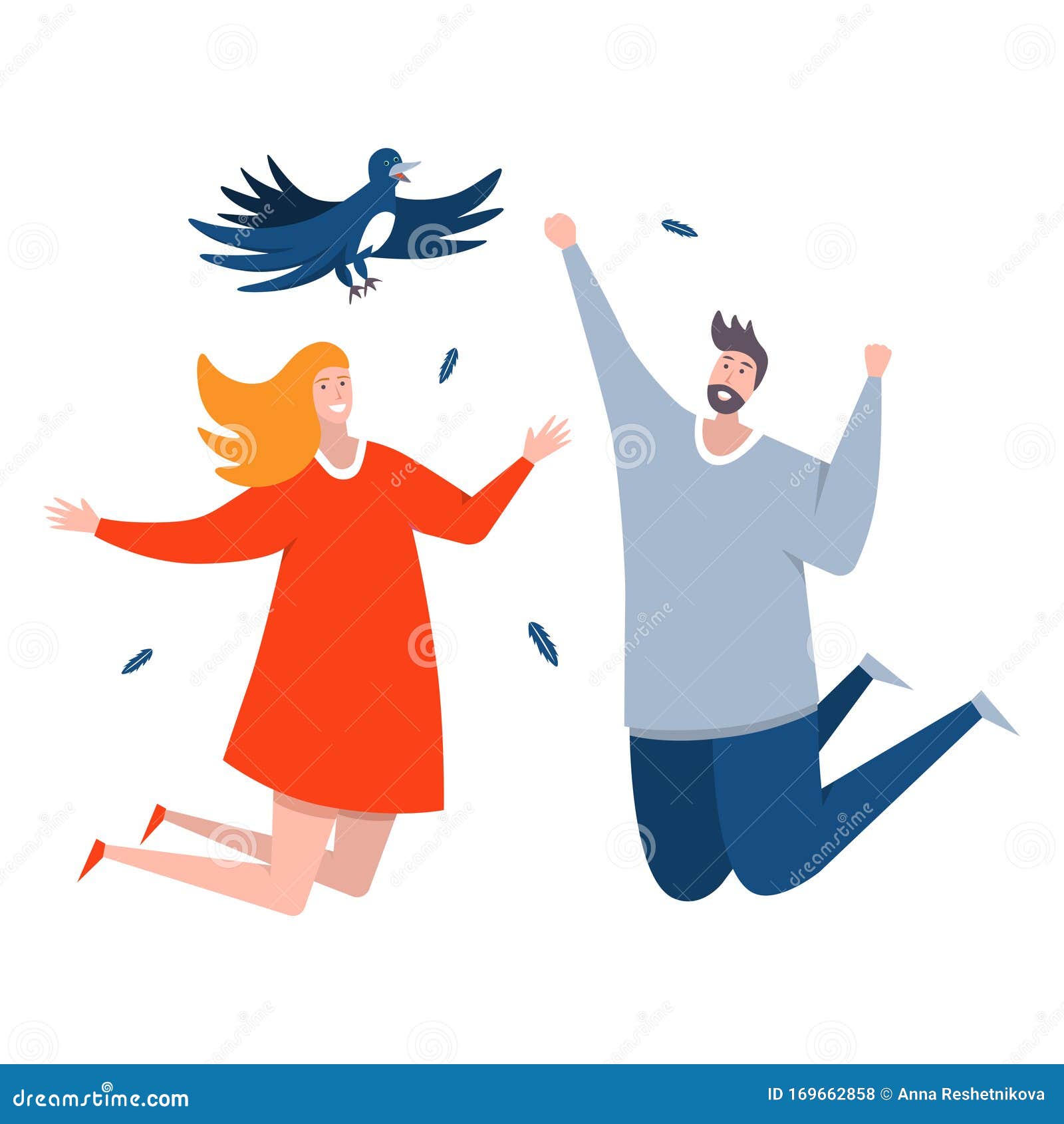 Happy People Jumping with Bird Stock Vector - Illustration of graphic ...