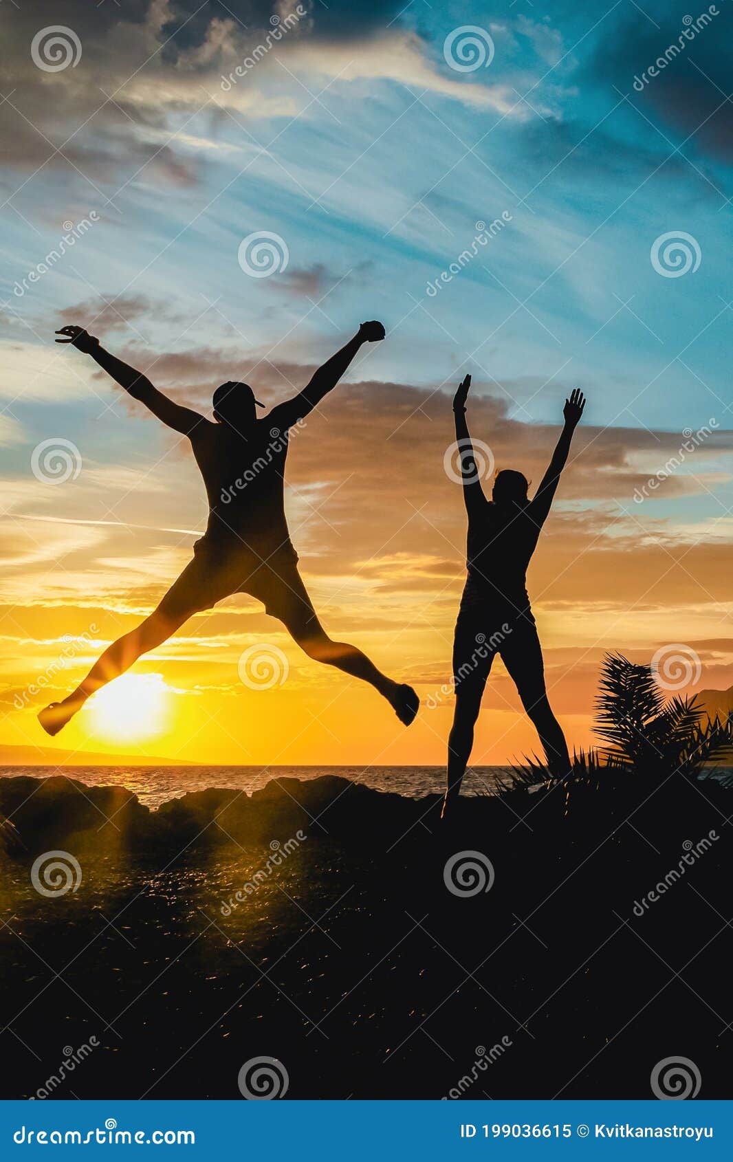Happy People Jumping Over Sunset, Concept Having Fun, Freedom and Joy ...