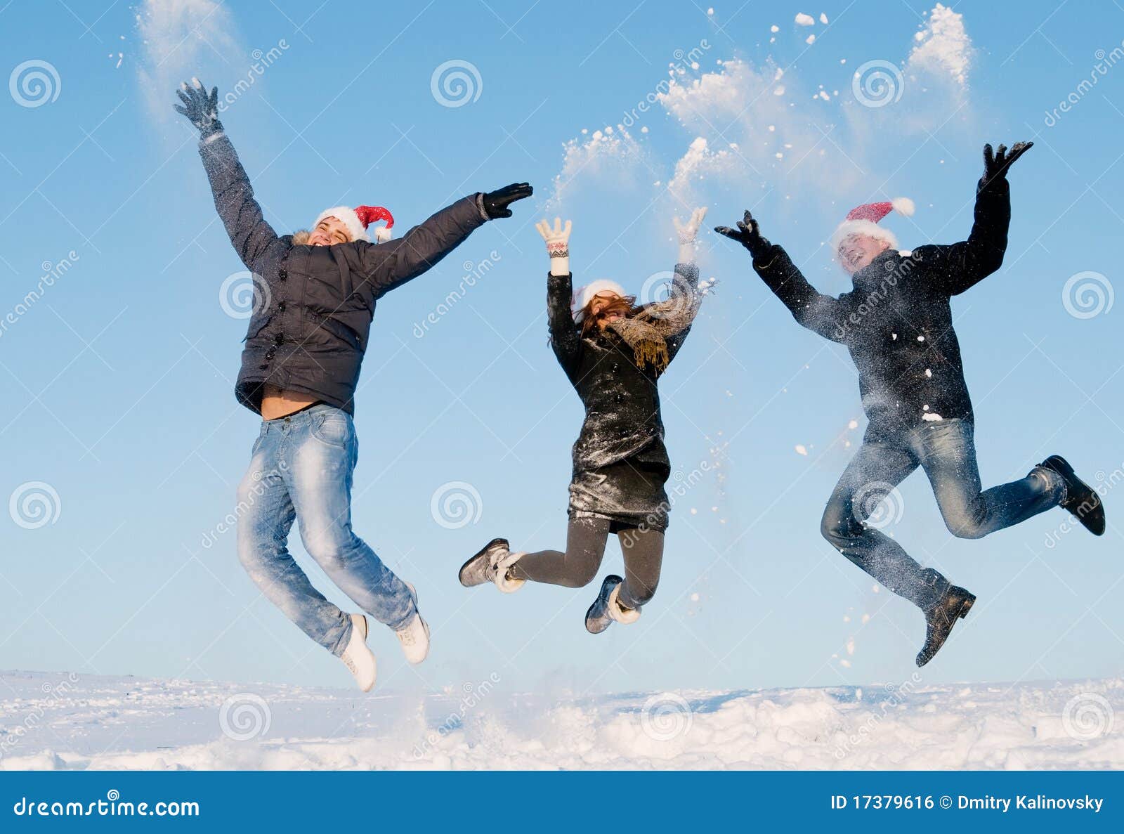 Happy People Jumping in Winter Stock Photo - Image of smile, laugh ...