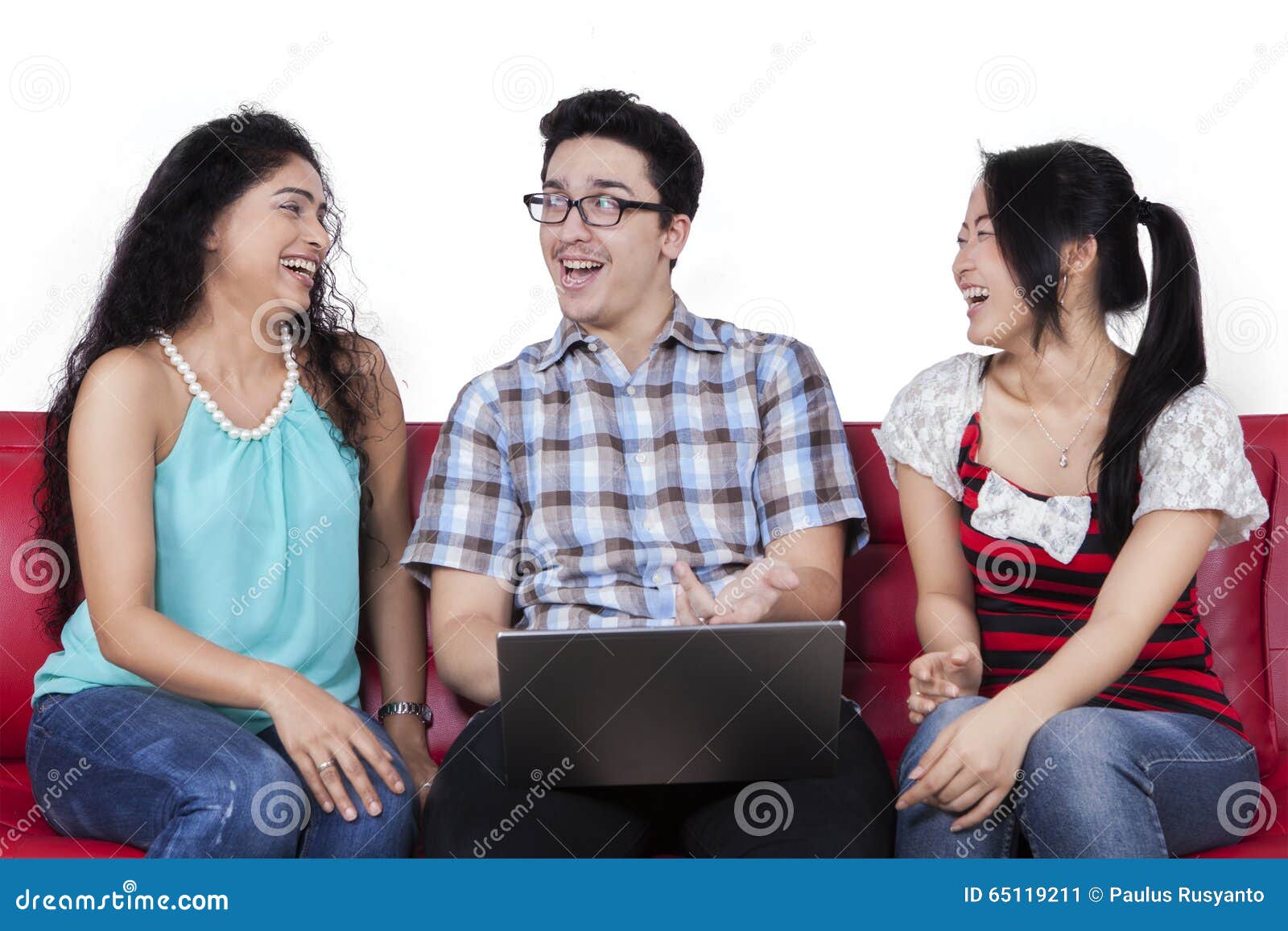 Happy People with Laptop Talking Together Stock Image - Image of ...