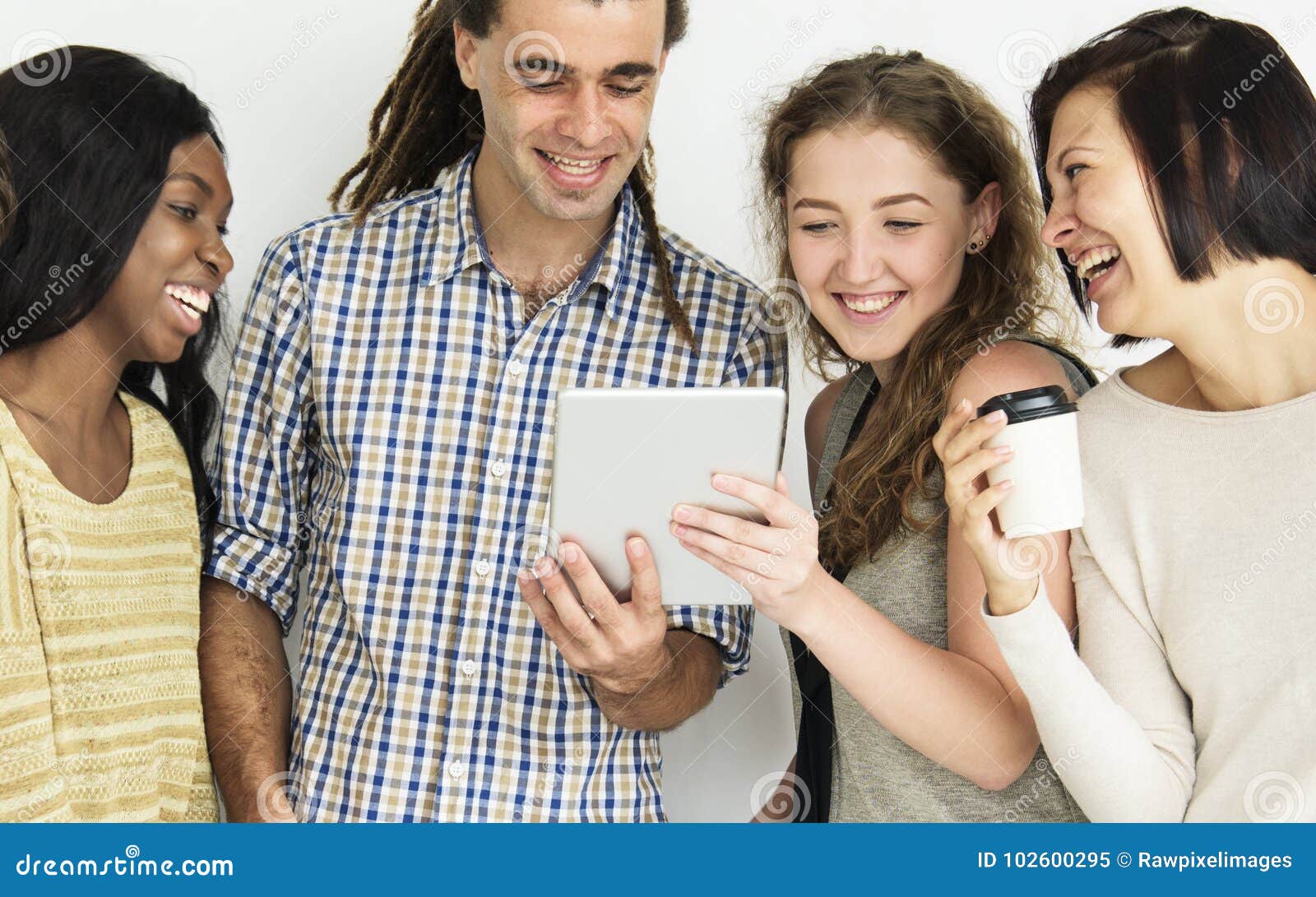 Happy People Looking at Tablet Stock Image - Image of female, hair ...