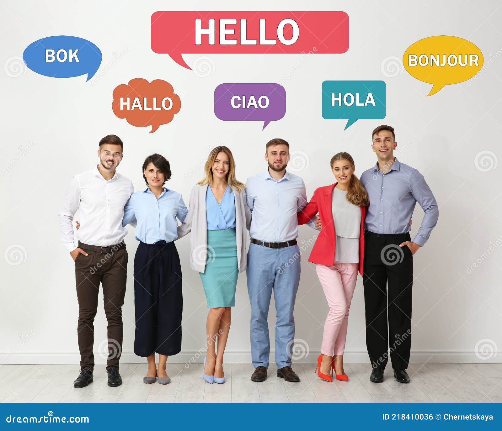 Happy People Posing Near Light Wall and Illustration of Speech Bubbles ...