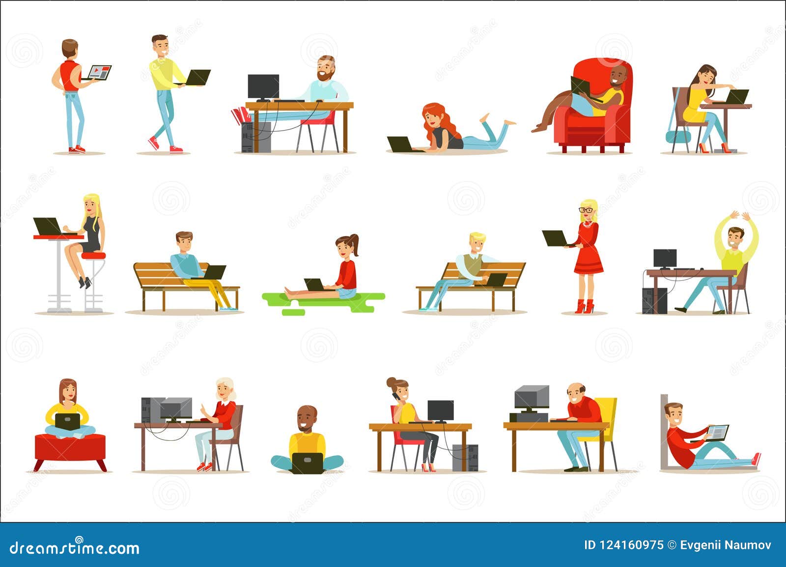 Happy People Spending Their Time Using Computer Set of Vector ...