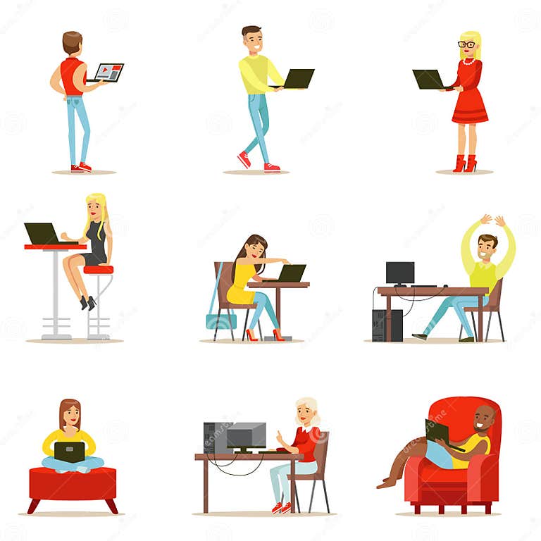 Happy People Spending Their Time Using Computer Set of Vector ...