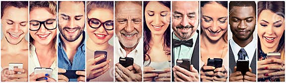Happy People Using Mobile Smart Phone Stock Image - Image of connect ...