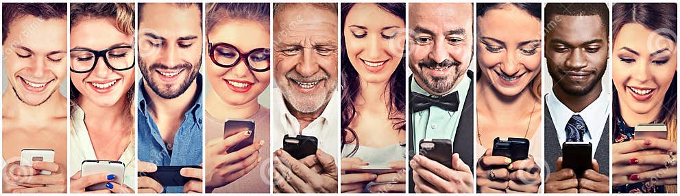 Happy People Using Mobile Smart Phone Stock Image - Image of connect ...