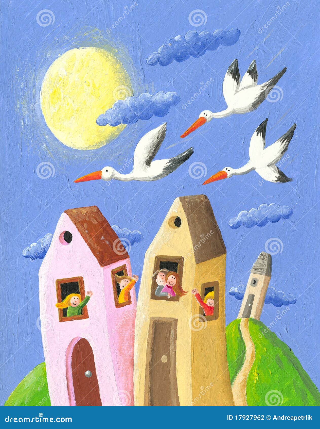 Happy people waving storks stock illustration. Illustration of ...